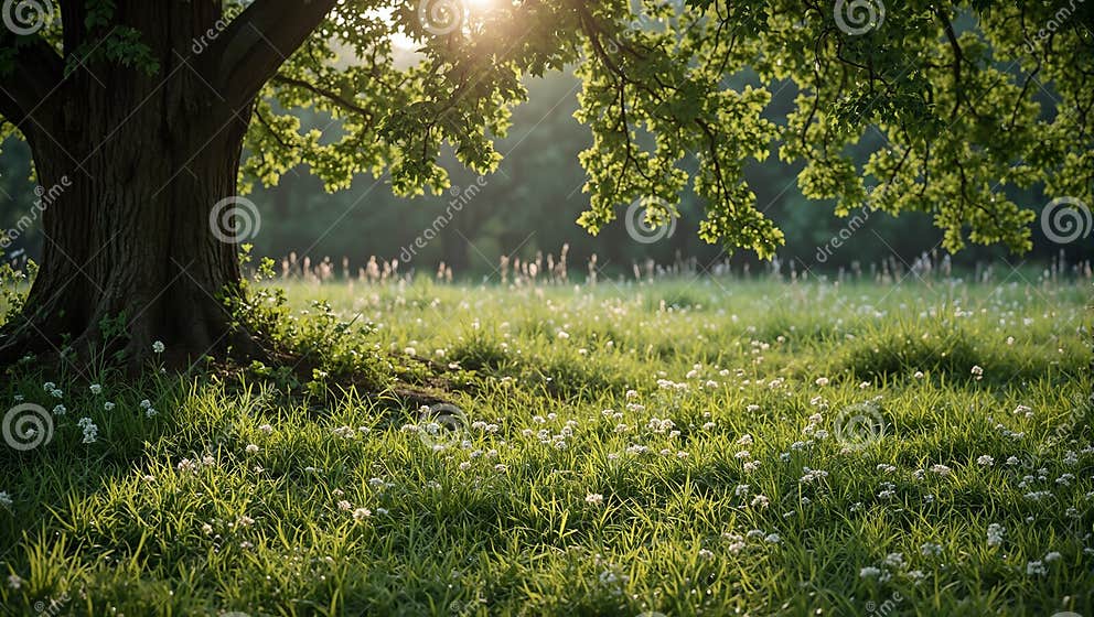 Tranquil Clover Patch Under Oak Tree with Dappled Sunlight Stock Illustration - Illustration of ...