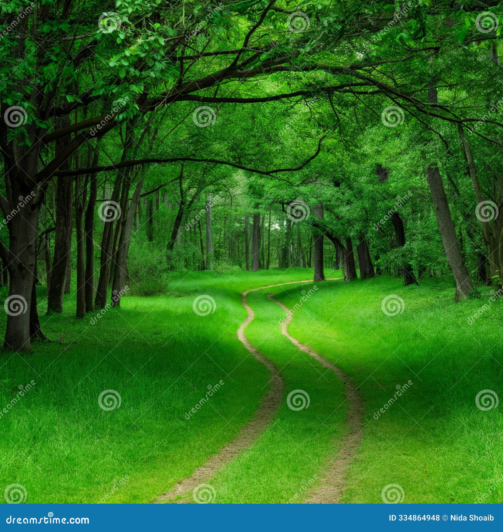 Tranquil Forest Path with Green Grass, Tall Trees Form Overhead Canopy ...