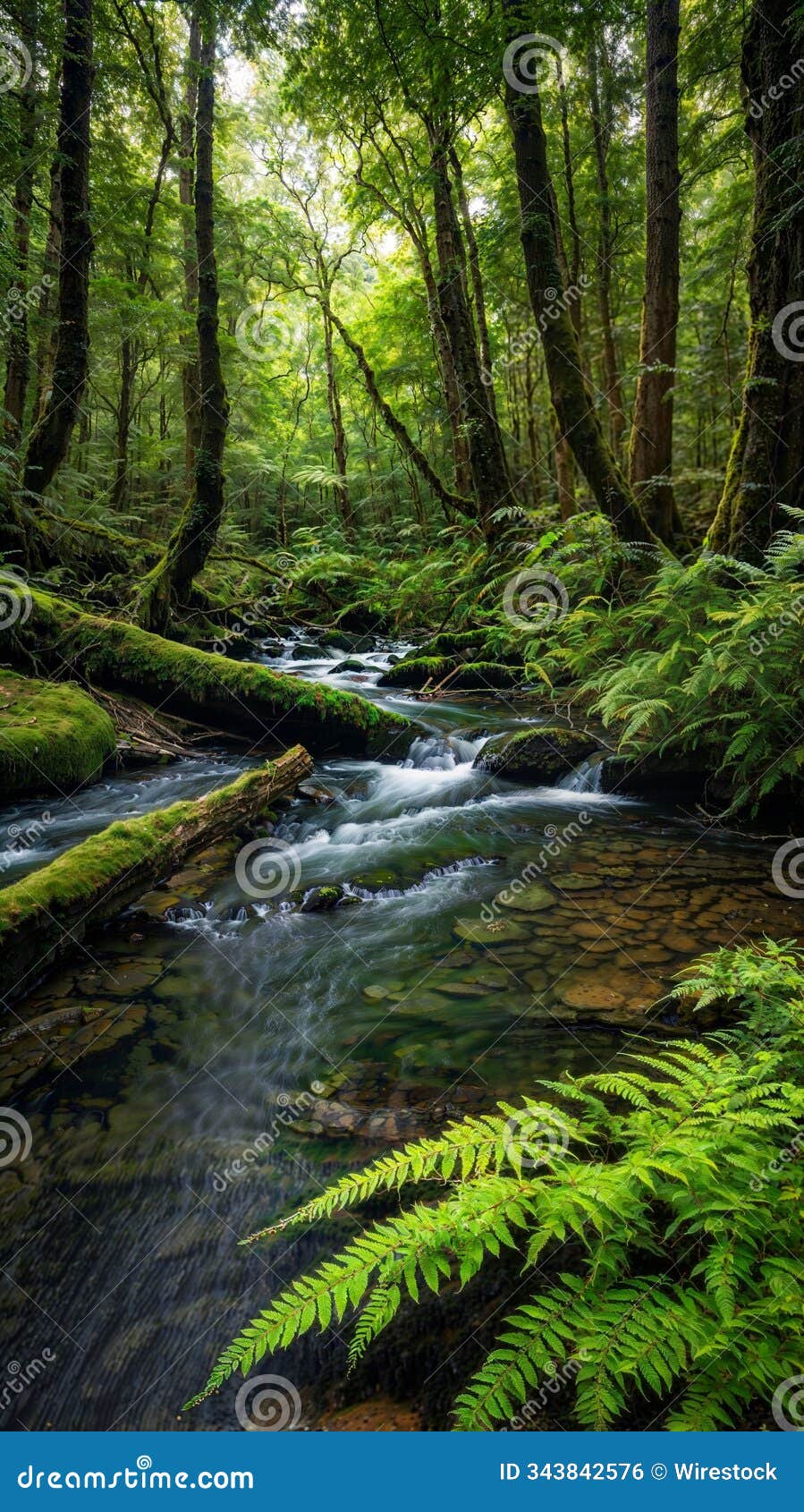 Tranquil Forest Scene with a Stream, Green Foliage, and Sunlight ...