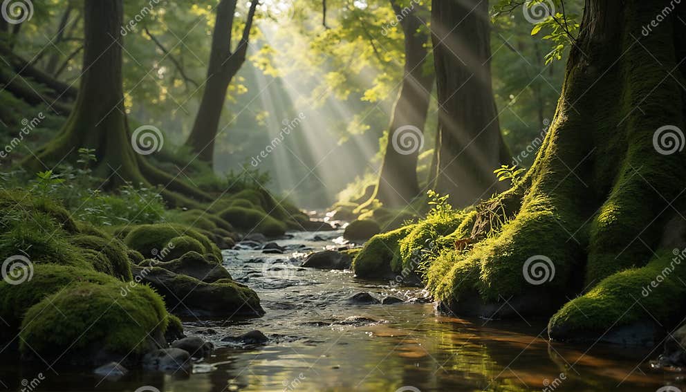 Tranquil Forest Stream with Sunlight Rays Stock Illustration ...