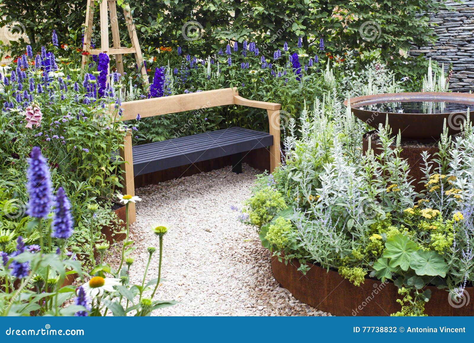 Tranquil garden landscape stock photo. Image of fence - 77738832