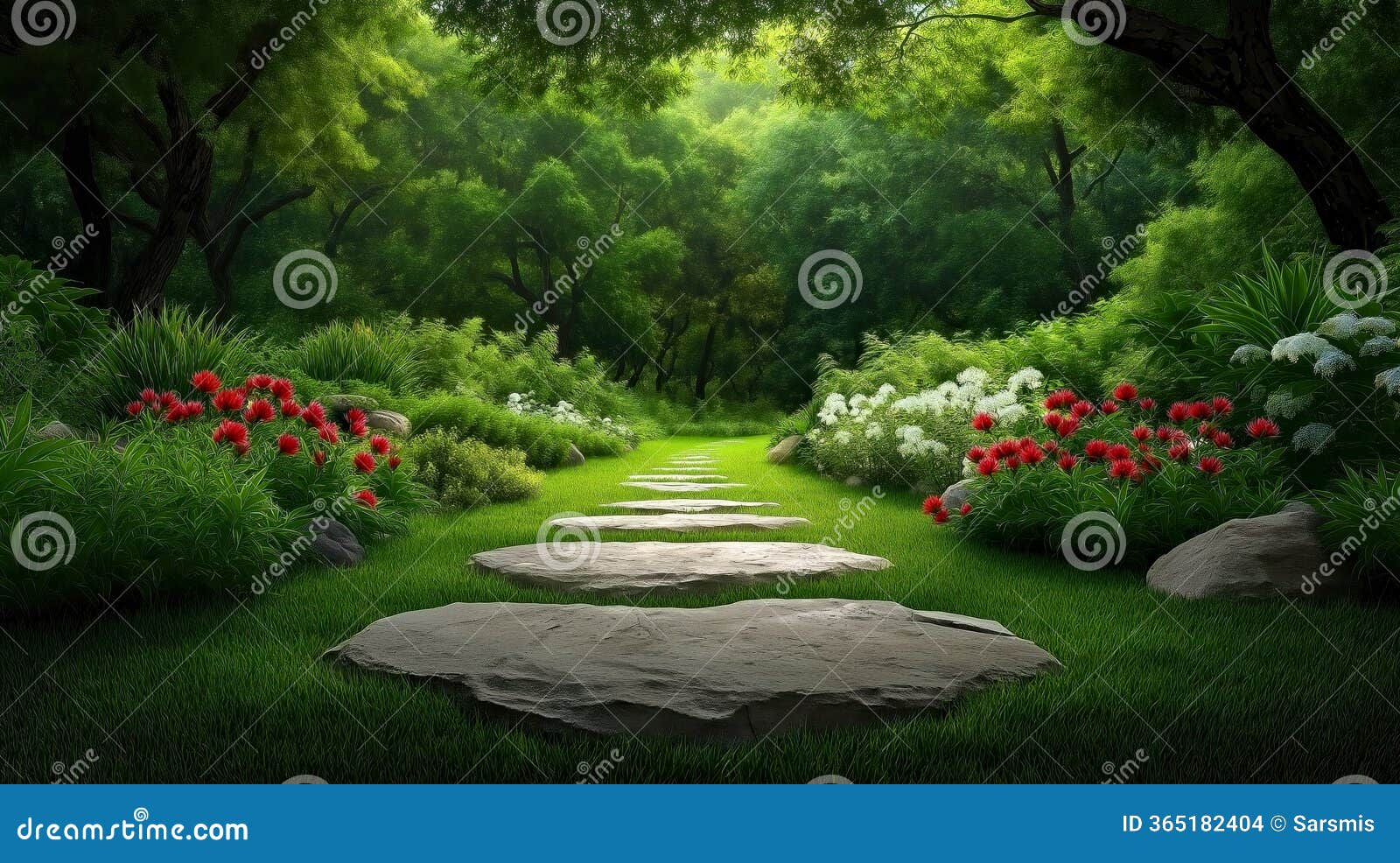 A Garden Path Divides Lush Green Bushes And Plants Stock Photo ...