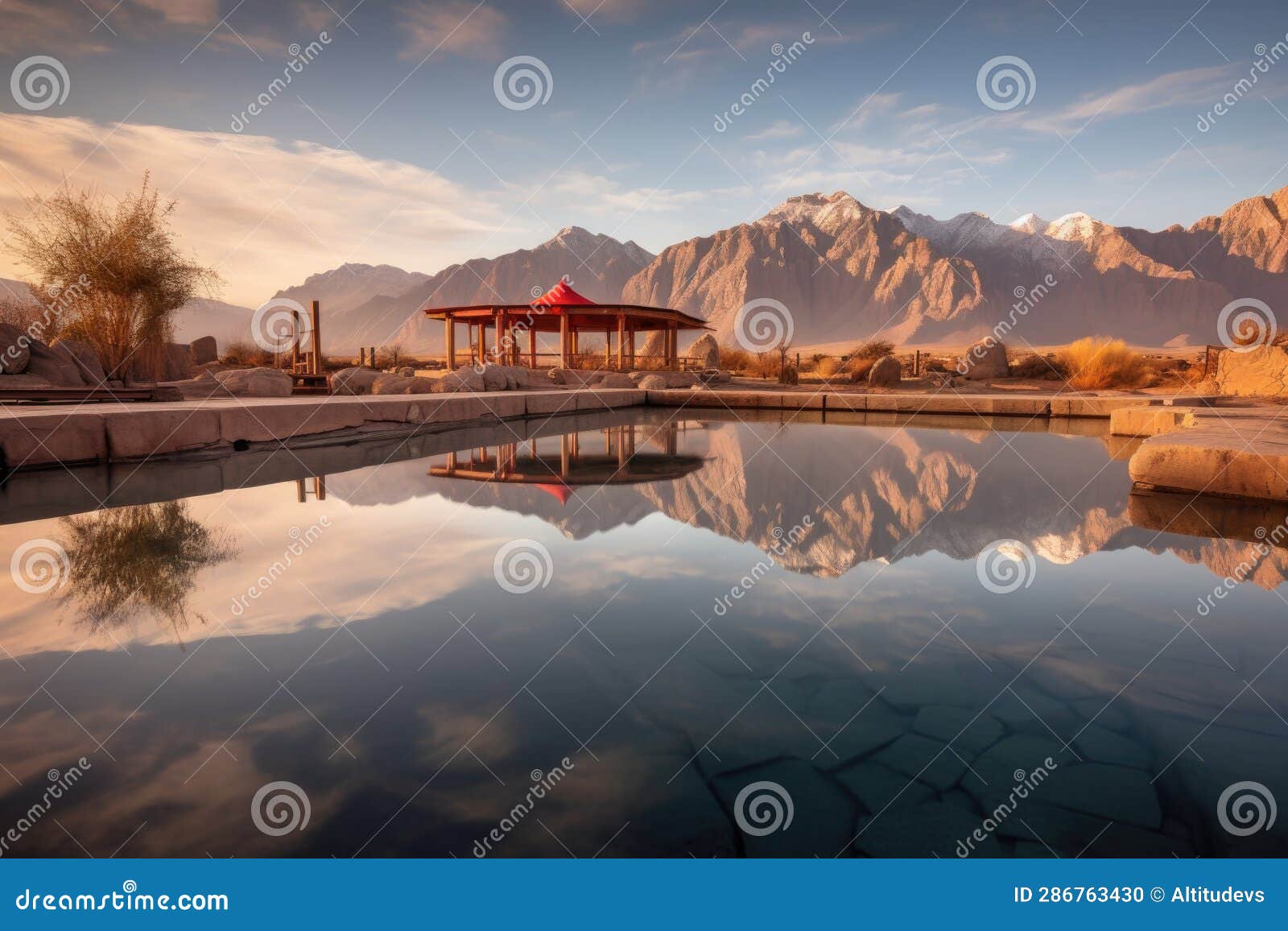 Tranquil Hot Spring with Reflection of Mountains Stock Photo - Image of ...