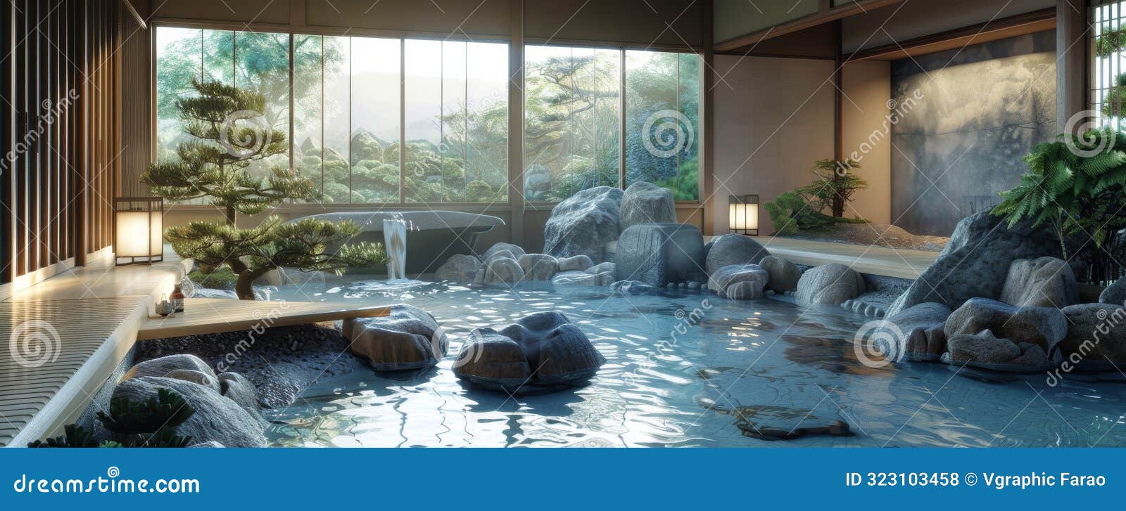 Tranquil Indoor Japanese Hot Spring with Natural Decor. Stock Photo ...