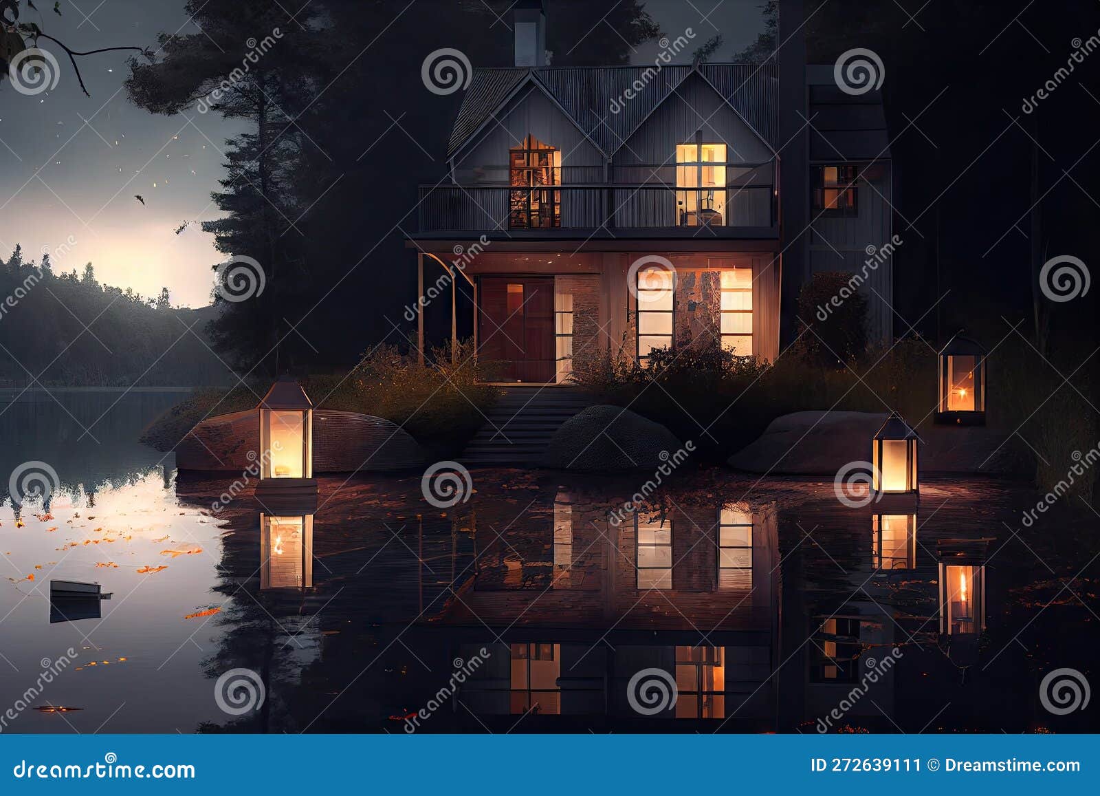A Tranquil Lakeside View of a Modern House with Lighted Windows and ...