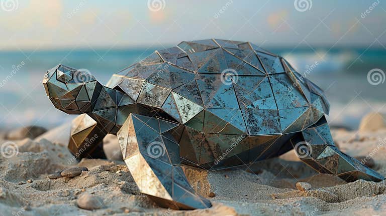 A Tranquil Metal Origami Turtle, Its Shell a Complex Pattern of ...