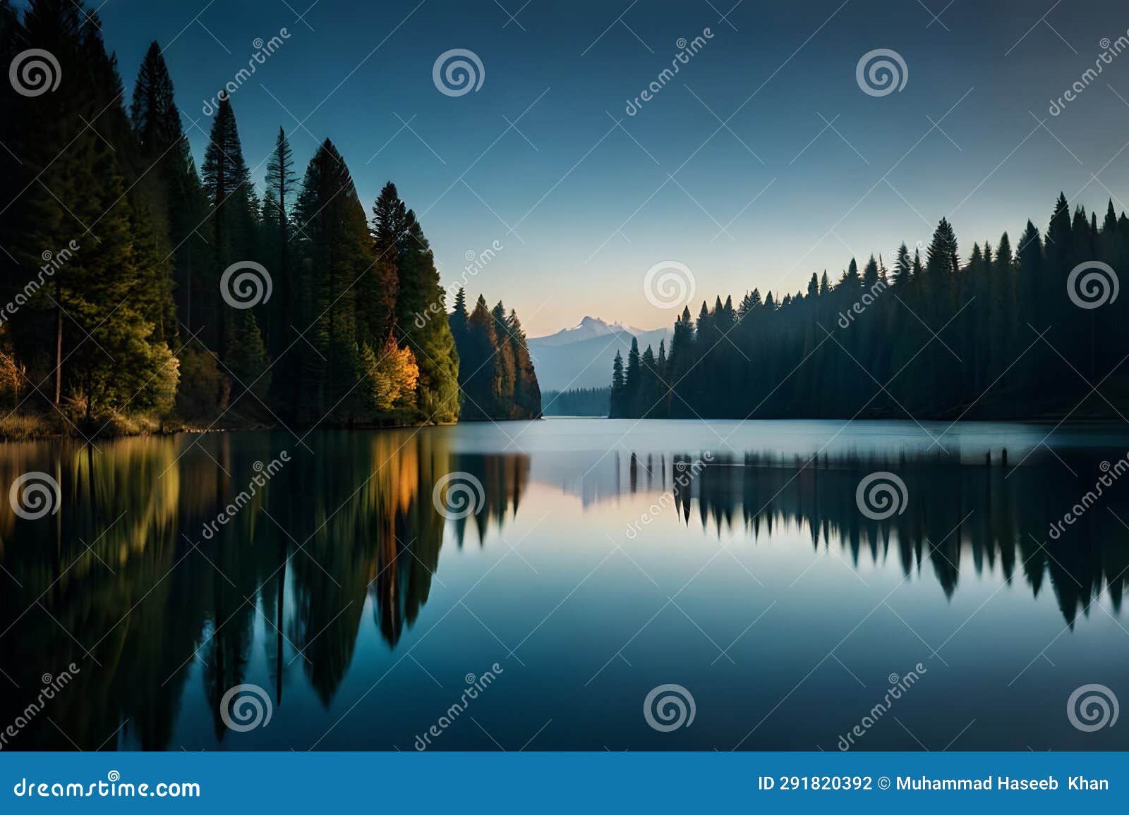 A Tranquil, Moonlit Night Over a Calm, Reflective Lake Surrounded by ...
