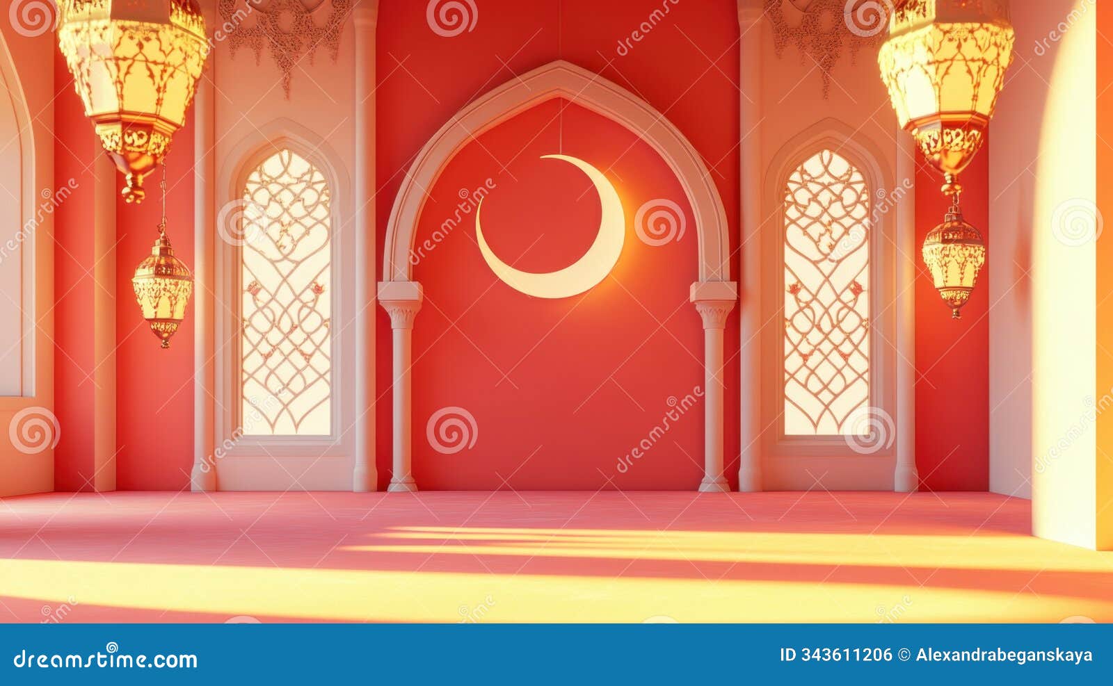Tranquil Mosque Interior with Crescent Moon and Arched Windows in Warm ...