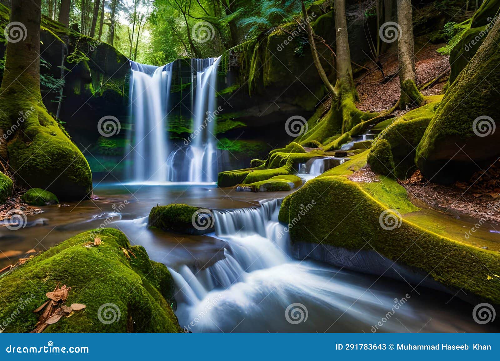 A Tranquil and Moss-covered Forest with a Hidden Waterfall Cascading ...