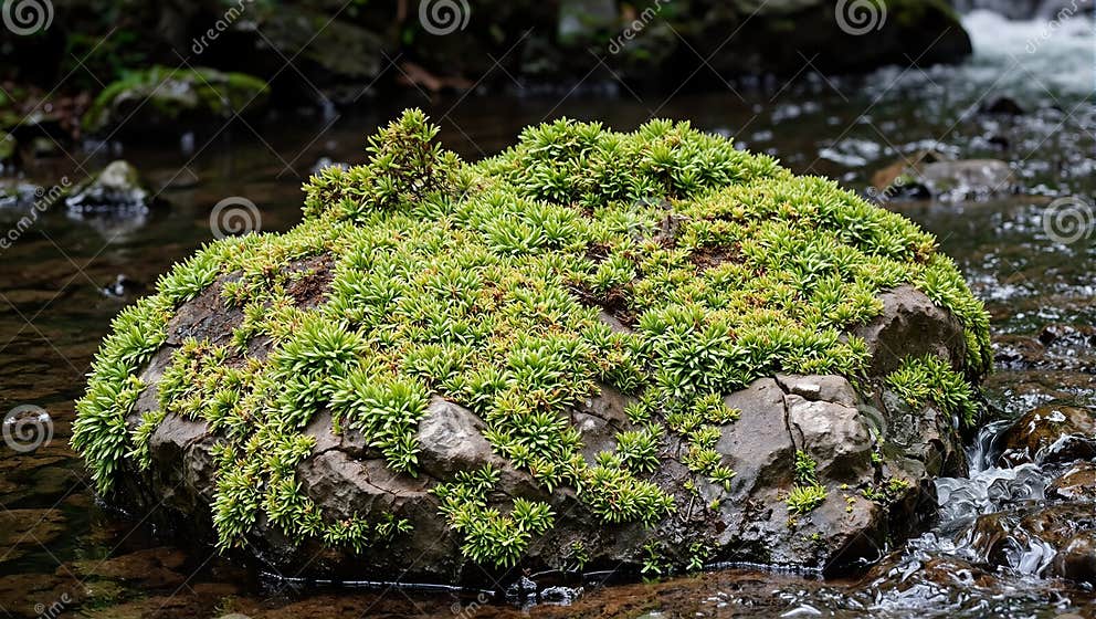 Tranquil Moss Covered Rock in Shaded Stream Stock Illustration ...