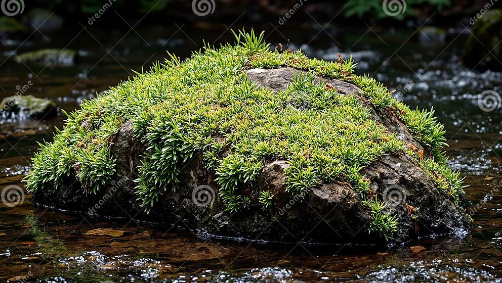 Tranquil Moss Covered Rock in Shaded Stream Stock Illustration ...