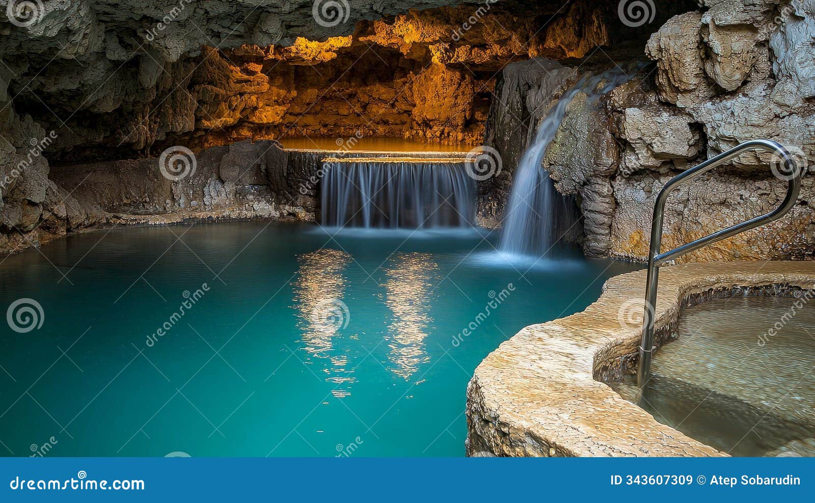 Tranquil Natural Pool with Cascading Waterfall Inside a Cave Stock ...