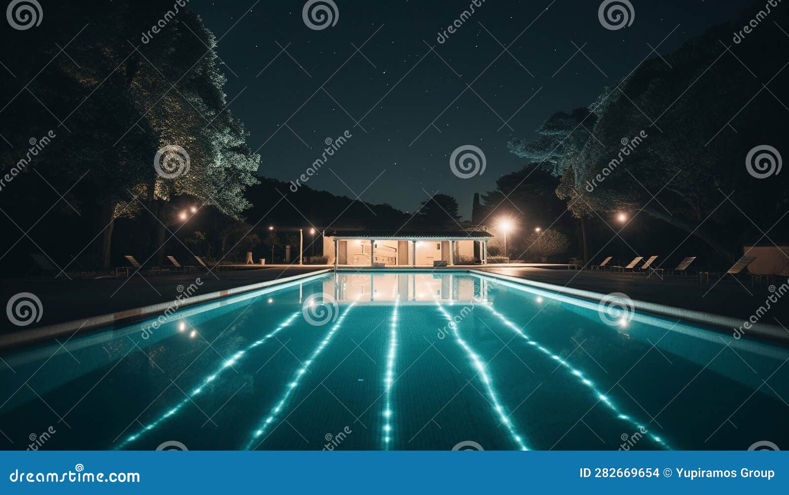 Tranquil Night Swim in Illuminated Blue Pool Reflects Starry Galaxy ...