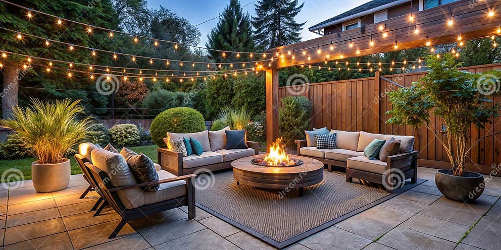 A Tranquil Outdoor Patio with Comfortable Seating a Fire Pit and String ...