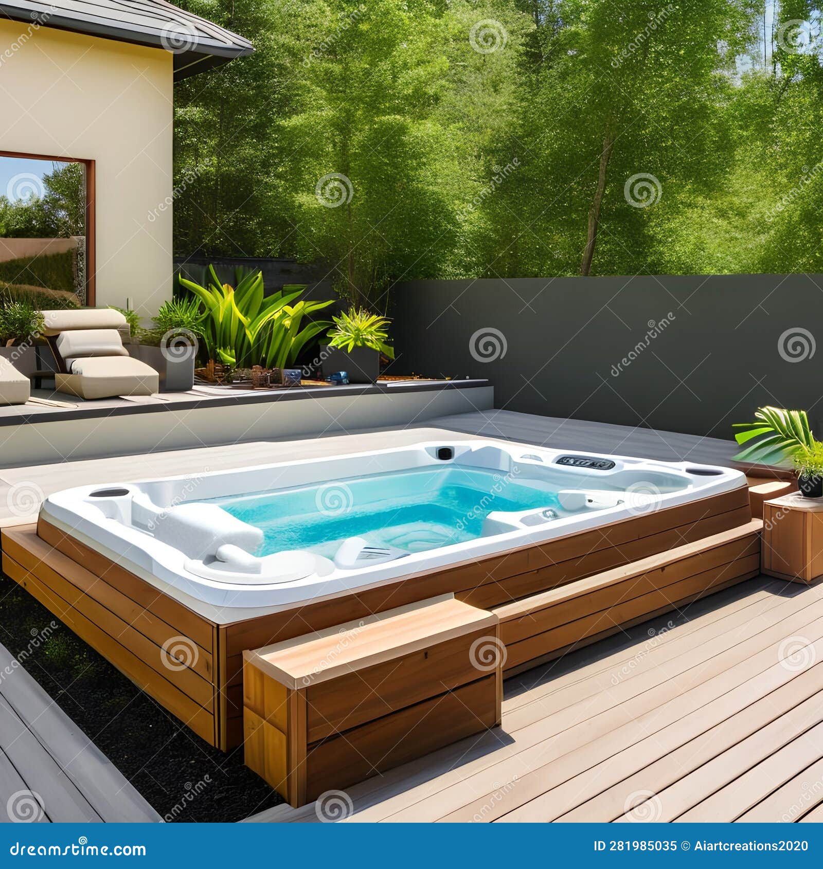 A Tranquil Outdoor Spa Area With A Hot Tub Lounge Chairs And Lush Greenery For Privacy2