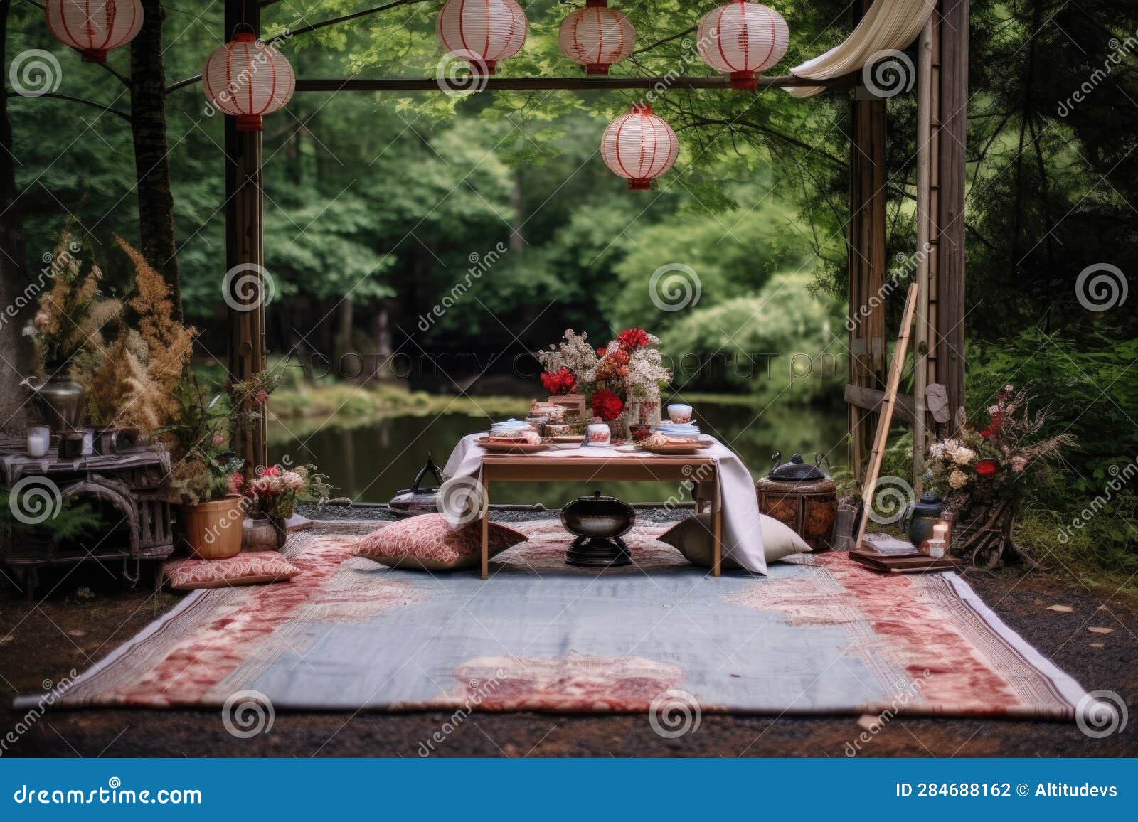 Tranquil Outdoor Tea Ceremony Setup with Tatami Mat Stock Illustration ...