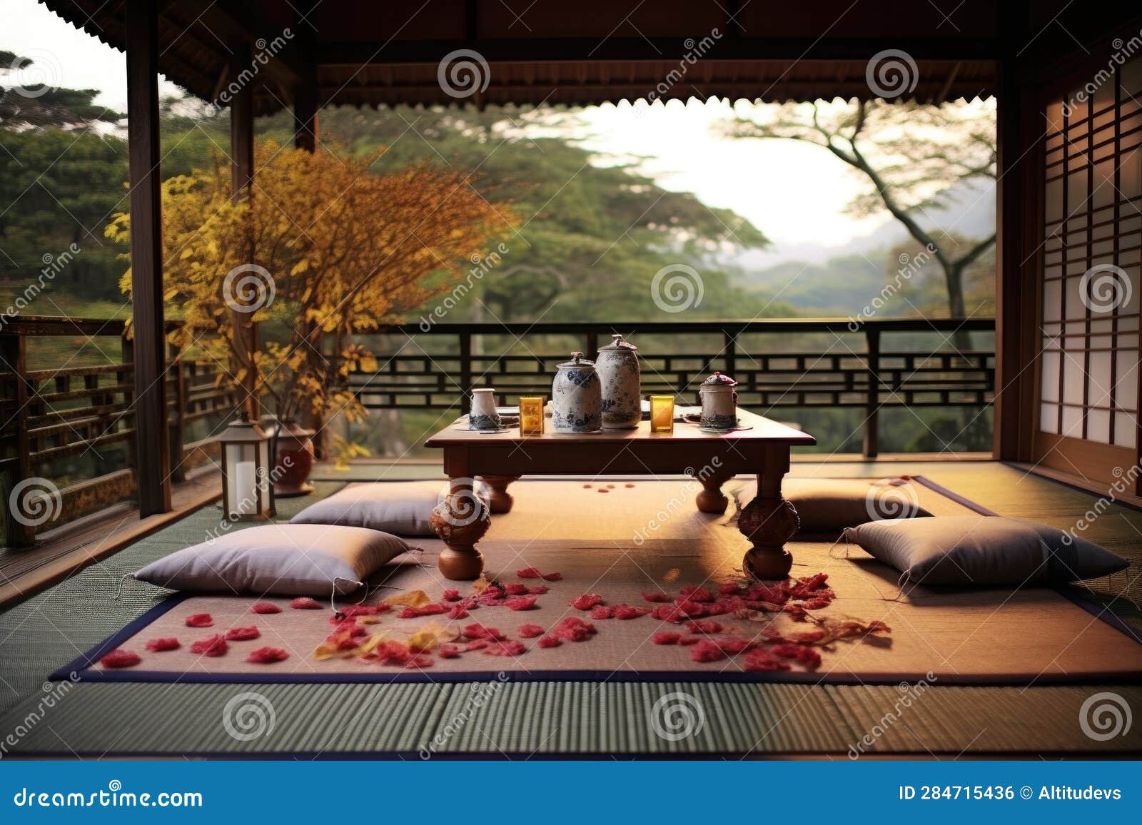 Tranquil Outdoor Tea Ceremony Setup with Tatami Mat Stock Photo - Image ...