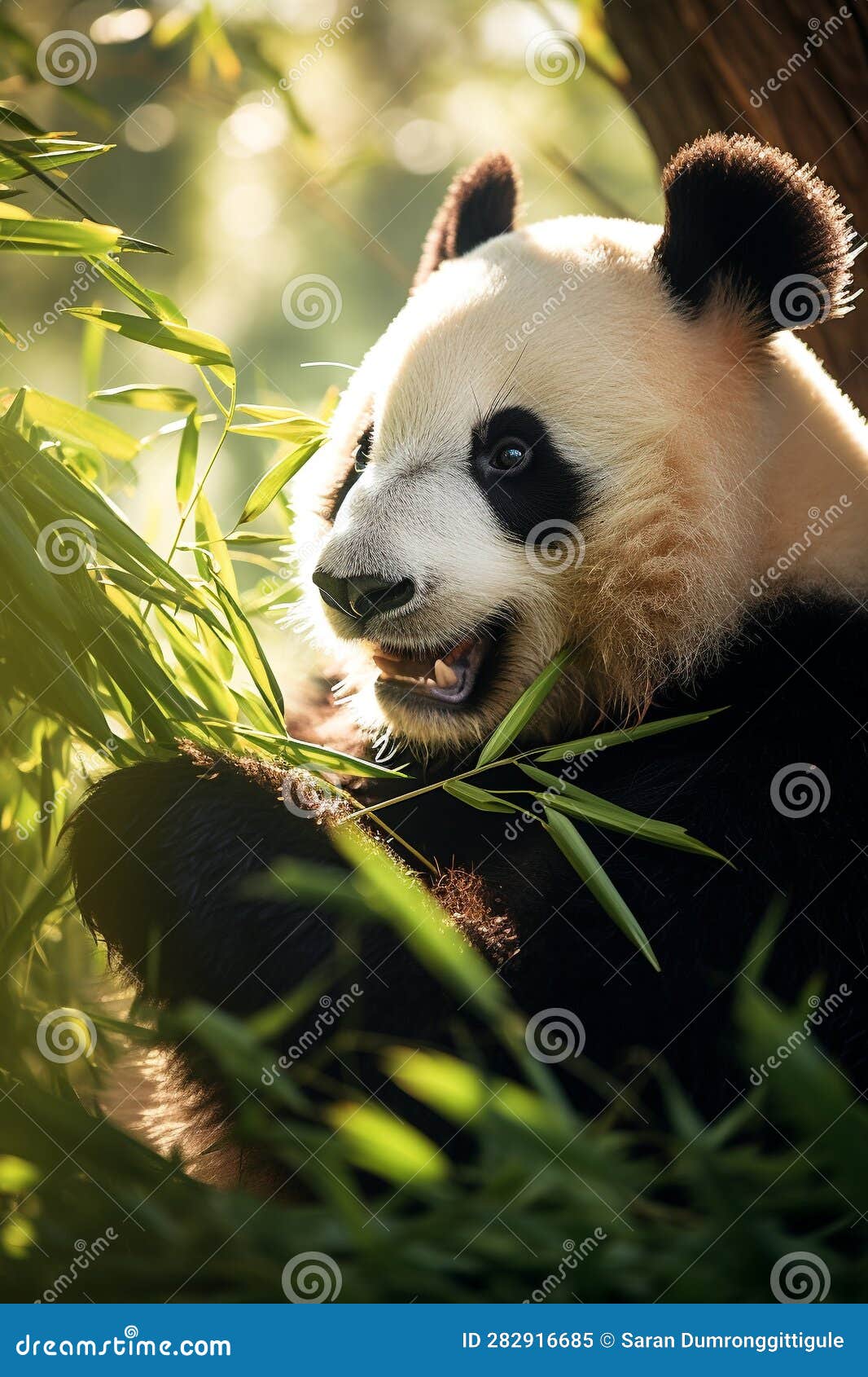 A Tranquil Panda Munching on Bamboo in a Warm, Sunlight-filled Forest ...