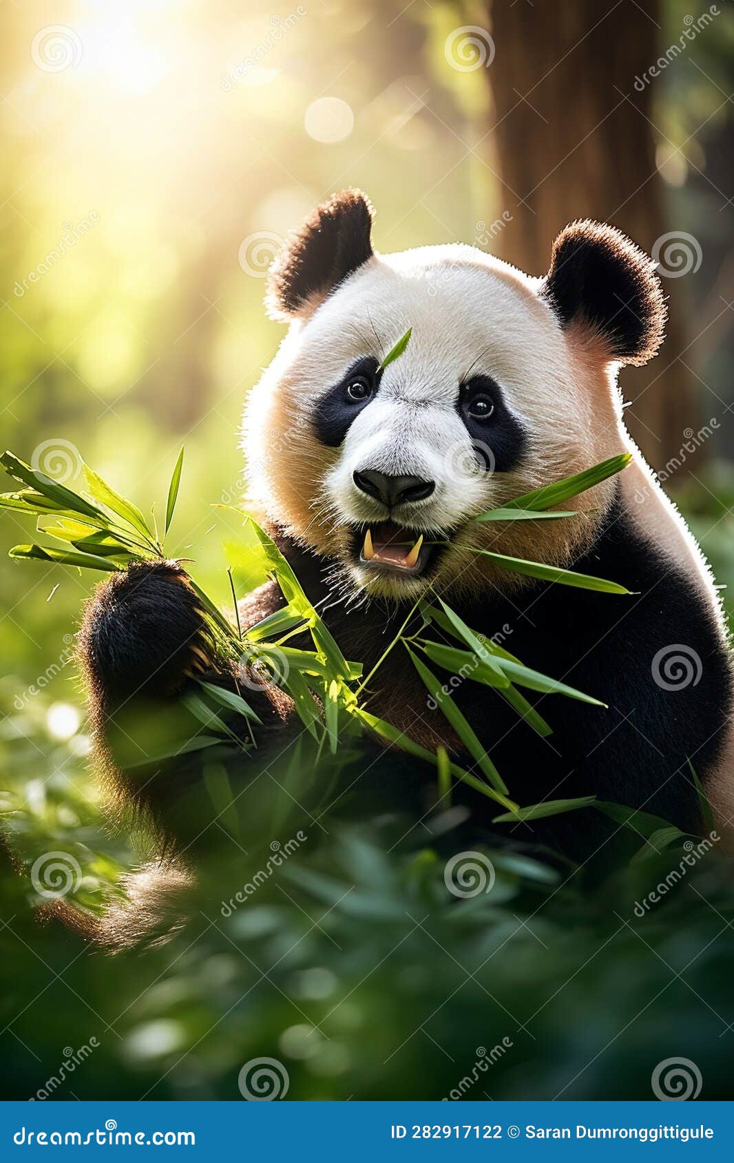 A Tranquil Panda Munching on Bamboo in a Warm, Sunlight-filled Forest ...