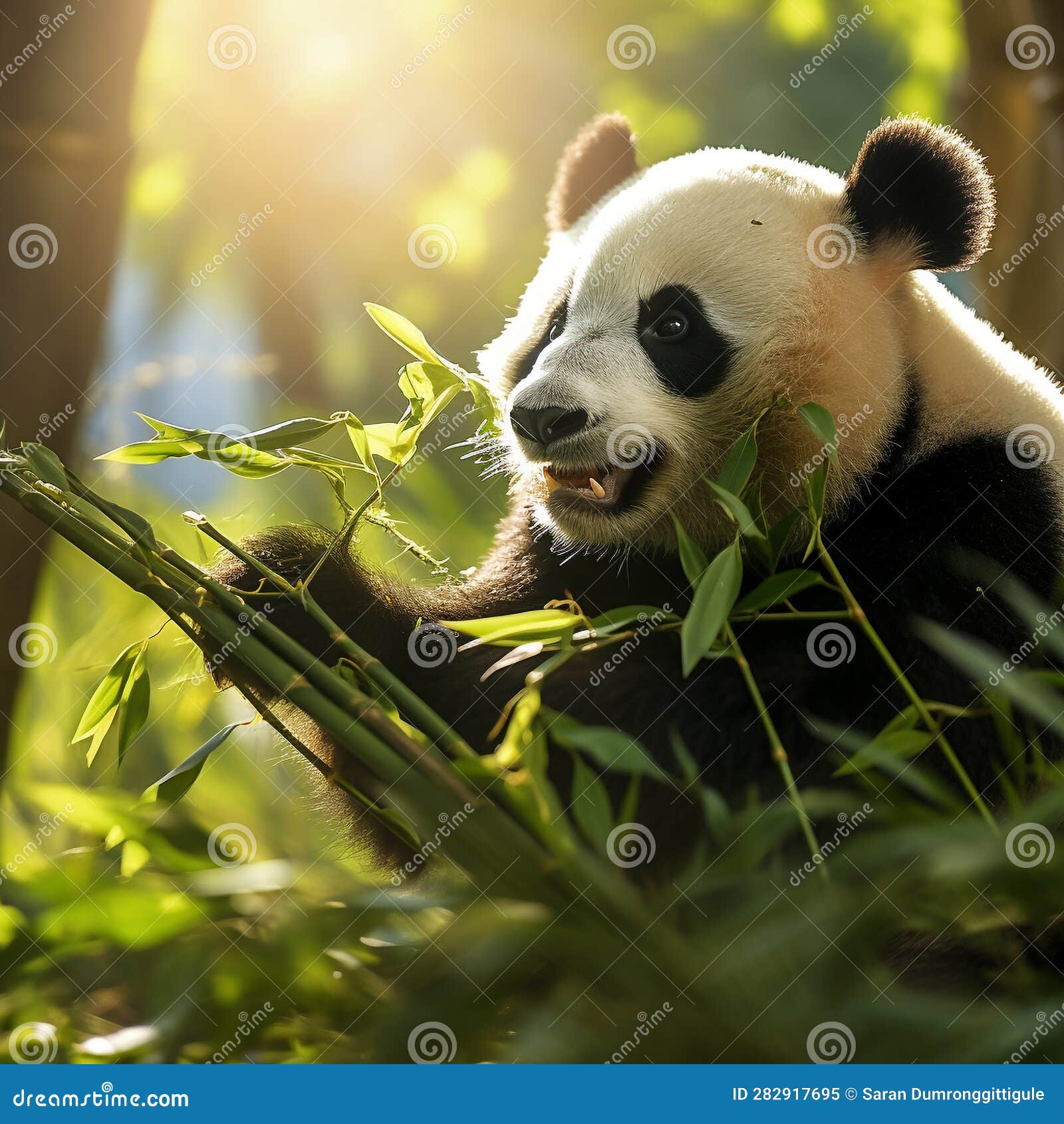 A Tranquil Panda Munching on Bamboo in a Warm, Sunlight-filled Forest ...