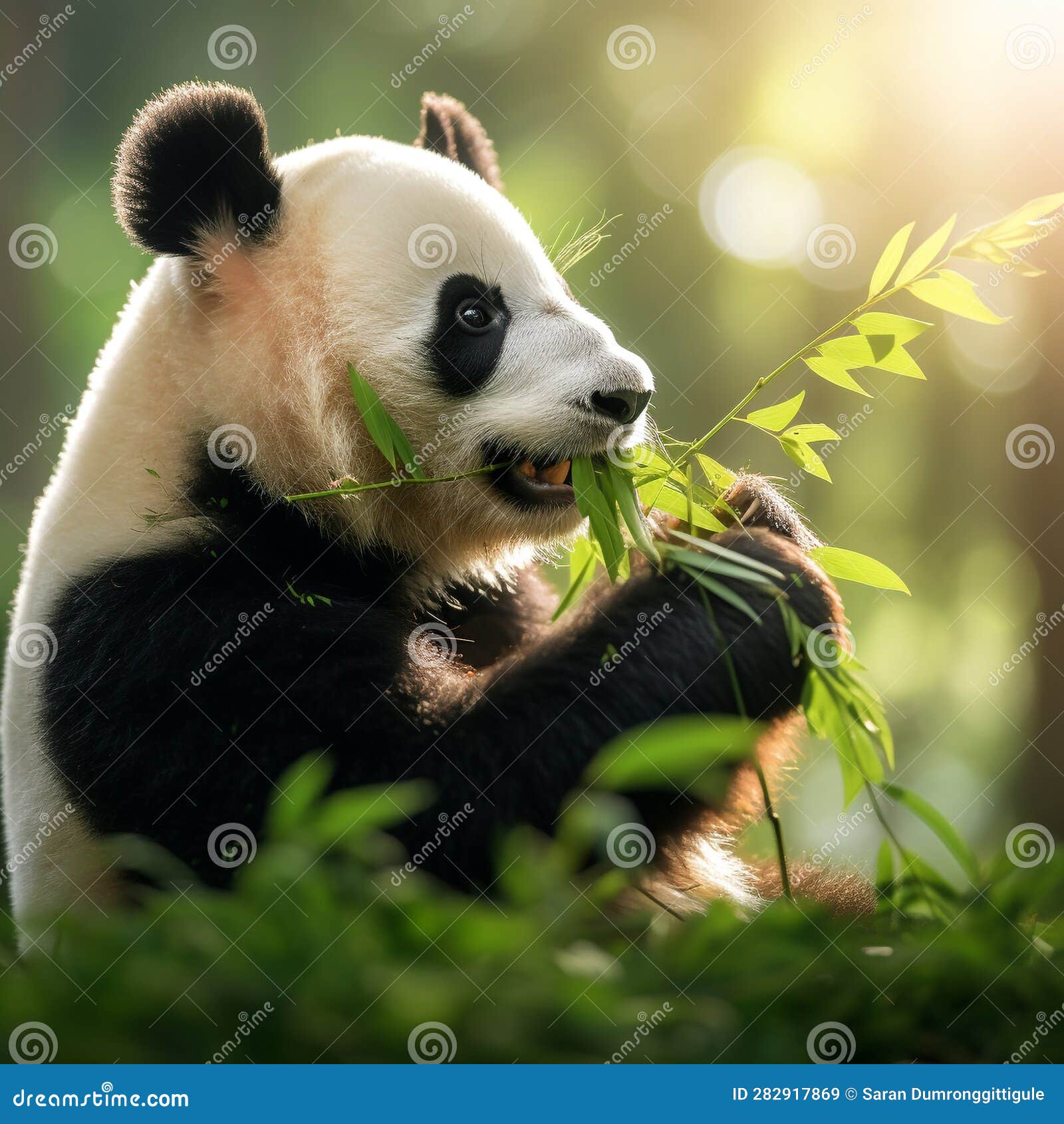 A Tranquil Panda Munching on Bamboo in a Warm, Sunlight-filled Forest ...
