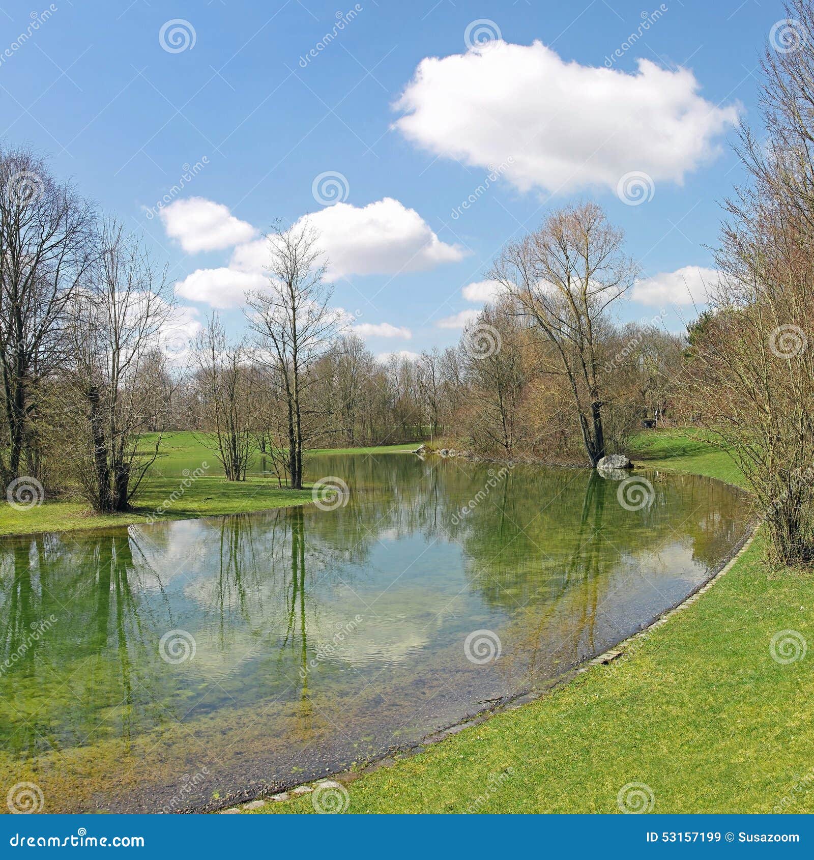 Tranquil Park Scenery with Reflecting Trees in the Pond Stock Image ...
