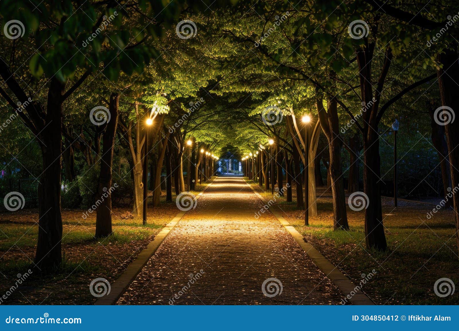 A Tranquil Pathway Flanked by Trees and Illuminated by Softly-lit ...