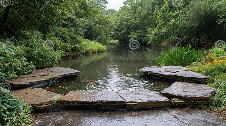 A Tranquil Pond with Stepping Stones Surrounded by Lush Greenery. Stock ...