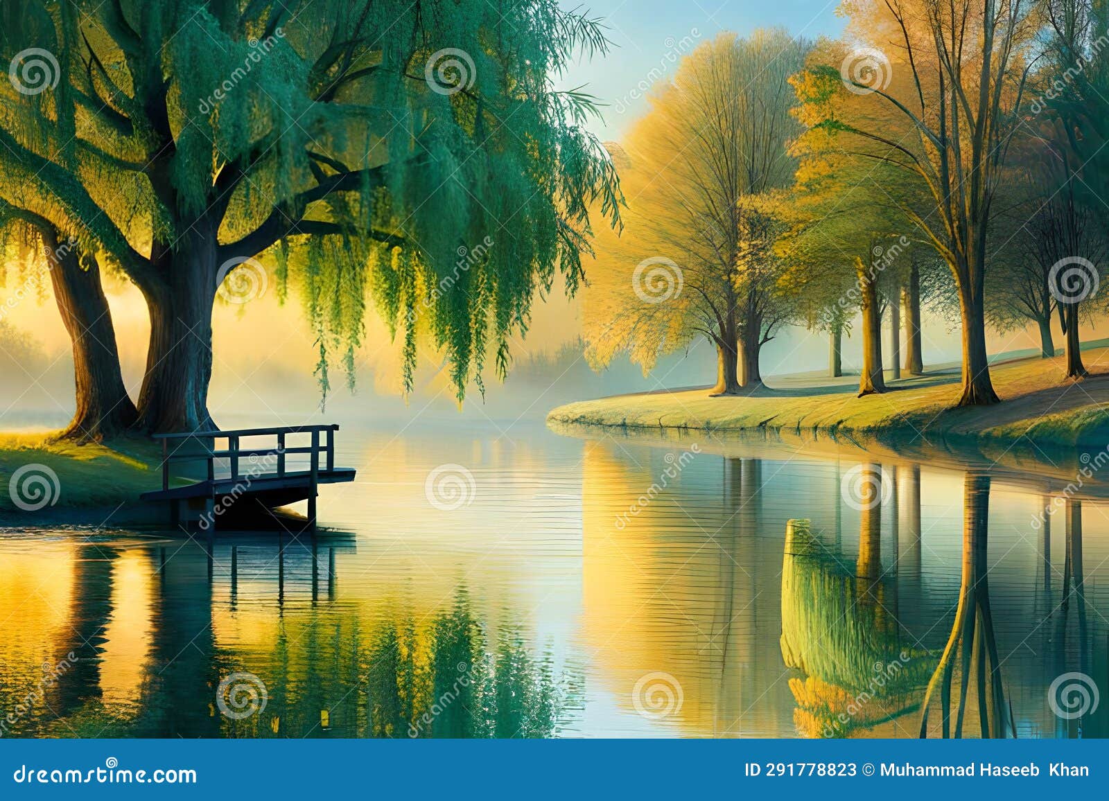 A Tranquil Pond Surrounded by Weeping Willow Trees, Their Branches ...