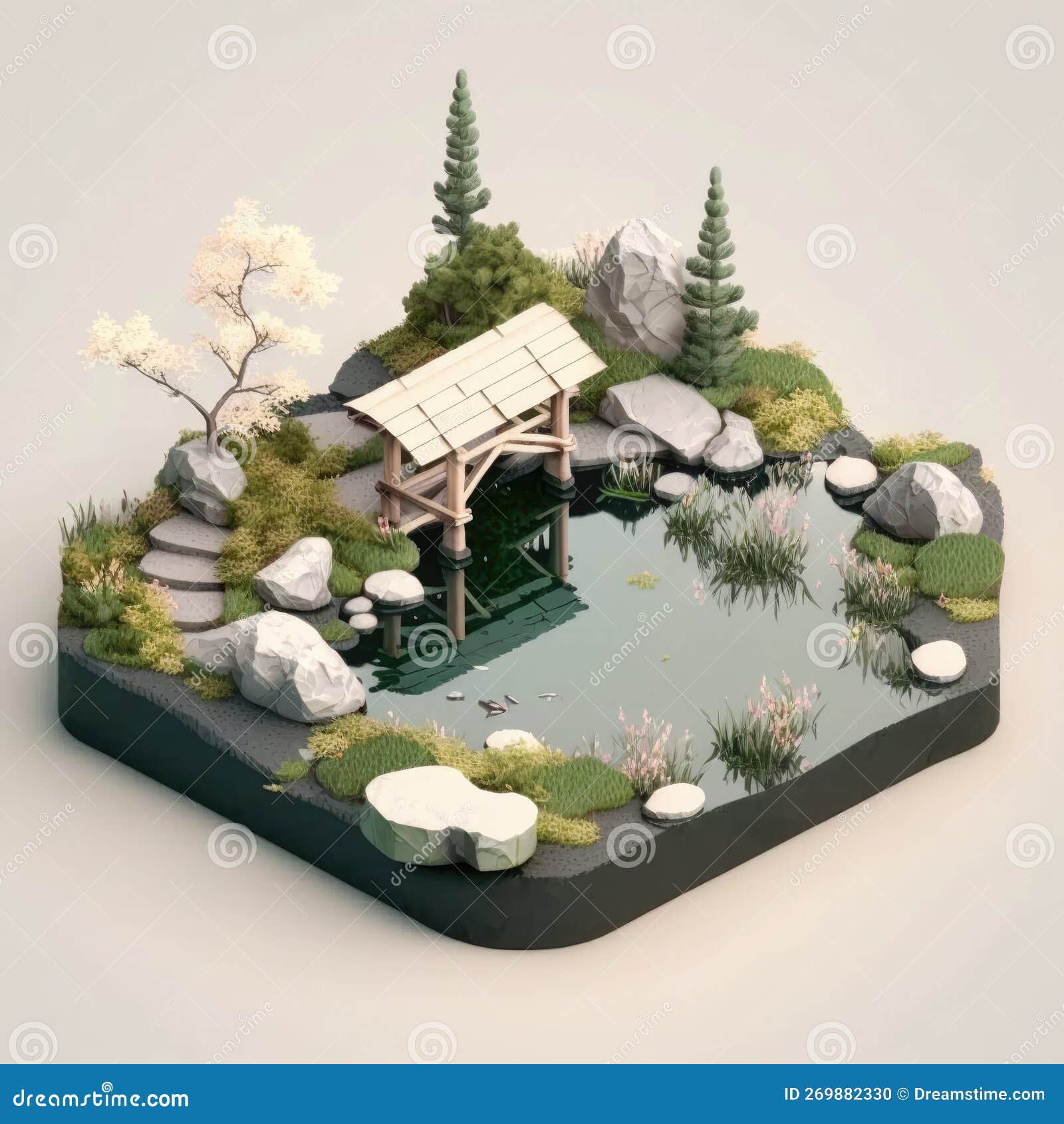 Tranquil Pond and a Weathered Bridge, Isometric Low Poly View AI ...