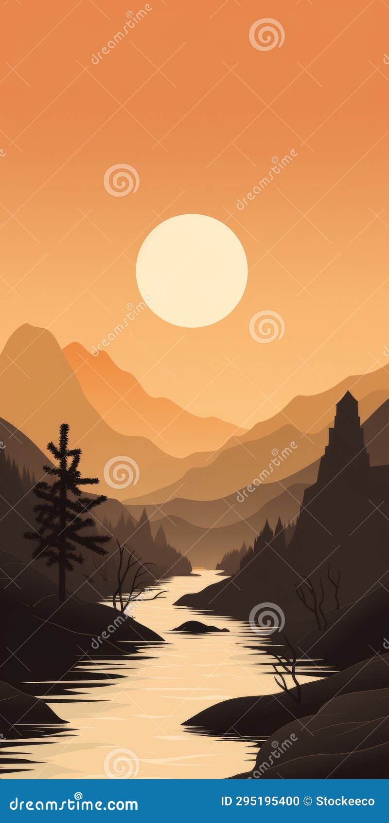Tranquil Rapids: Minimalistic River Vector Landscape Wallpaper Stock ...
