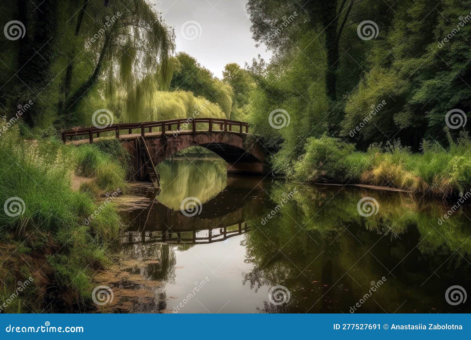 Tranquil River with Bridge. Generative AI Stock Illustration ...
