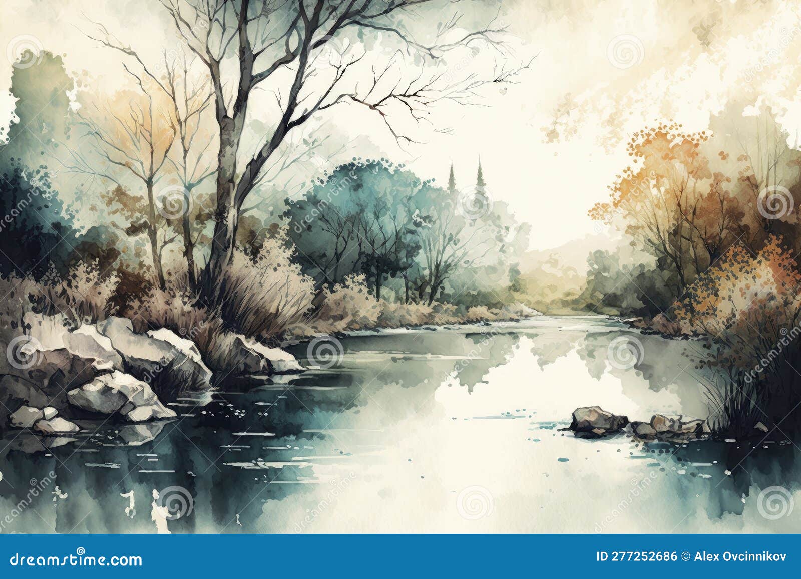 Tranquil River in Watercolors with Calming Tones for Relaxation. Stock ...