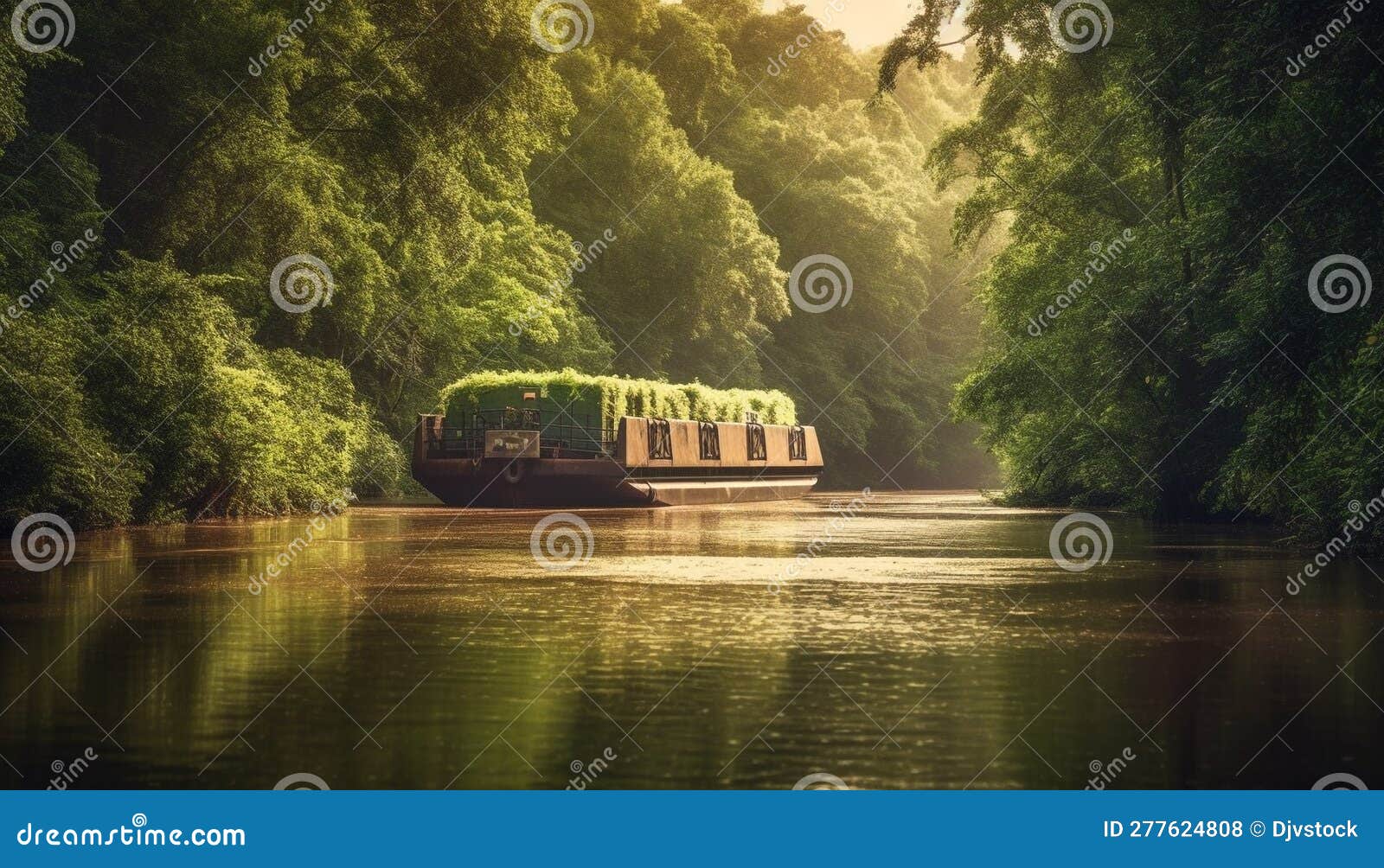 A Tranquil Scene of a Barge on a Green Canal Generated by AI Stock ...