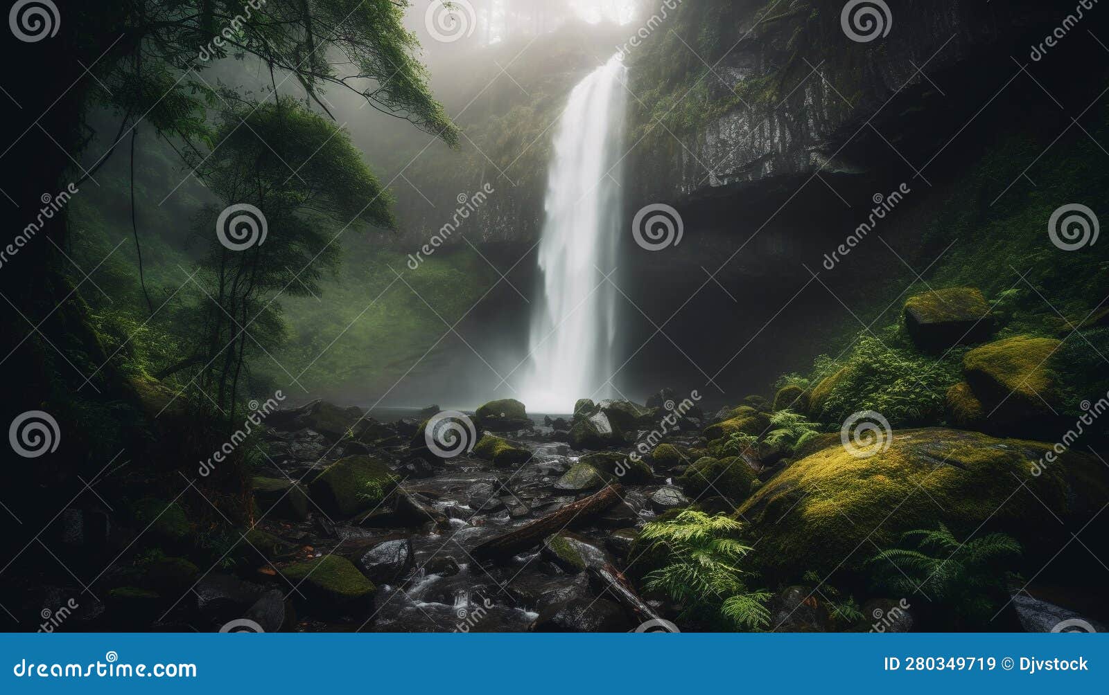 Tranquil Scene of a Dark Ravine with Flowing Water and Green Foliage ...