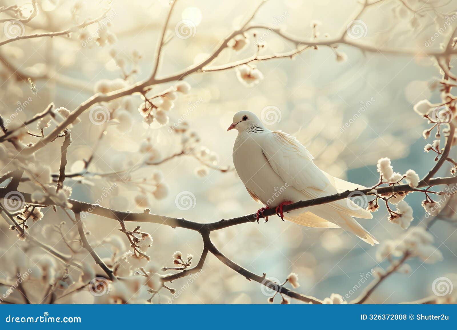 A Tranquil Scene Featuring a White Dove Resting on a Tree Branch Stock ...
