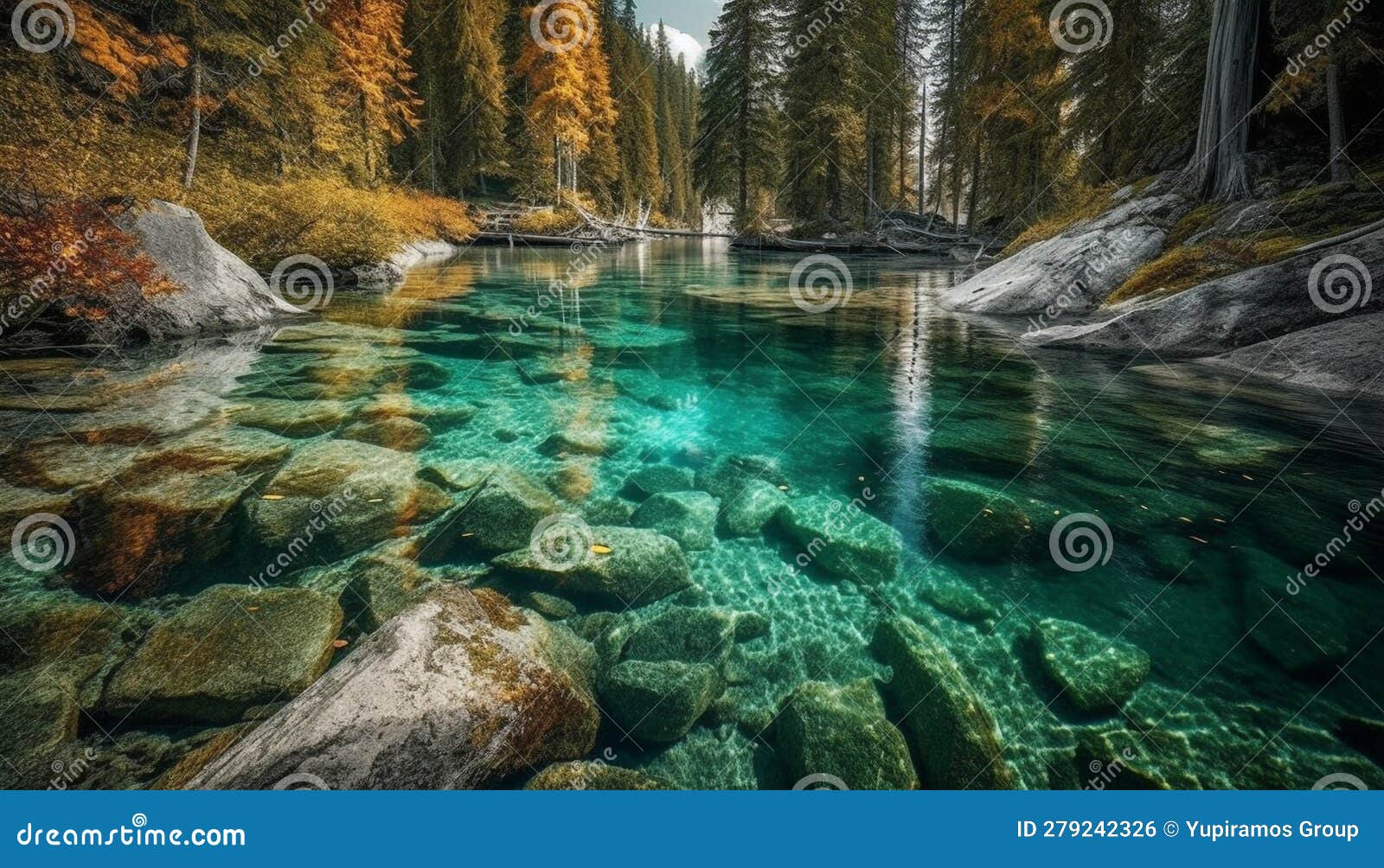 Tranquil Scene Majestic Pine Trees Reflect in Transparent Flowing Water ...