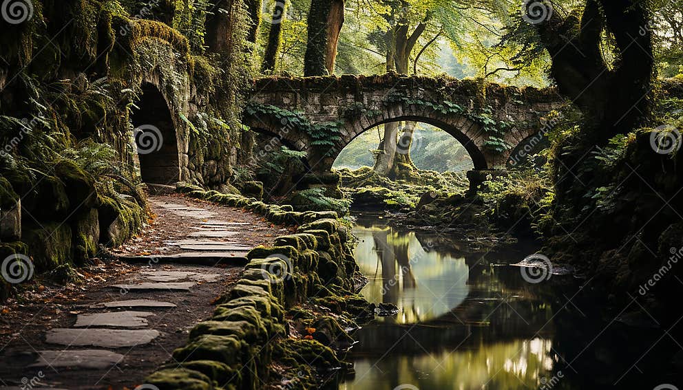 Tranquil Scene Man Made Bridge Over Ancient Forest Ravine Generated by ...