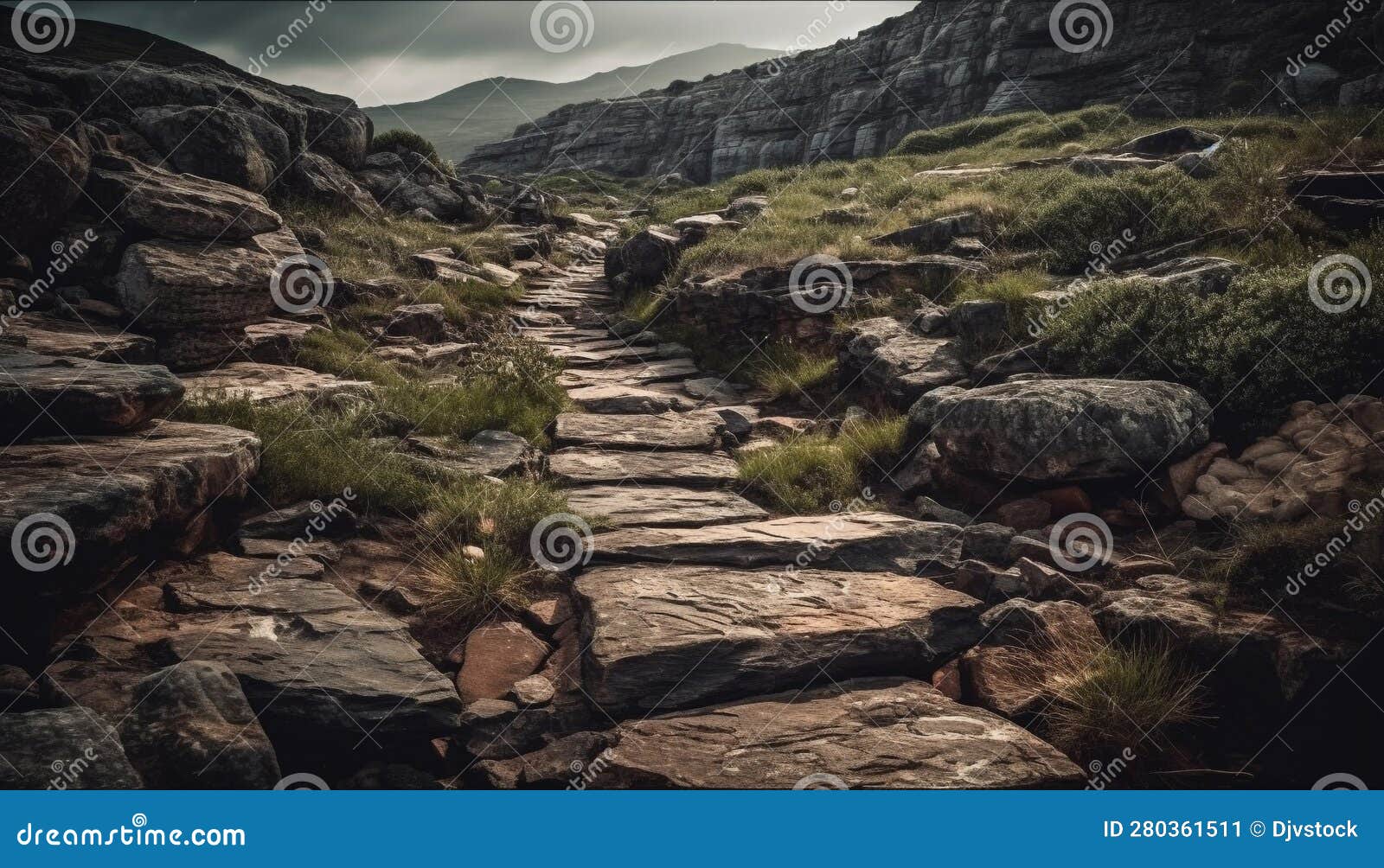 Tranquil Scene of Mountain Peak, Rock, and Grassy Footpath Generated by ...