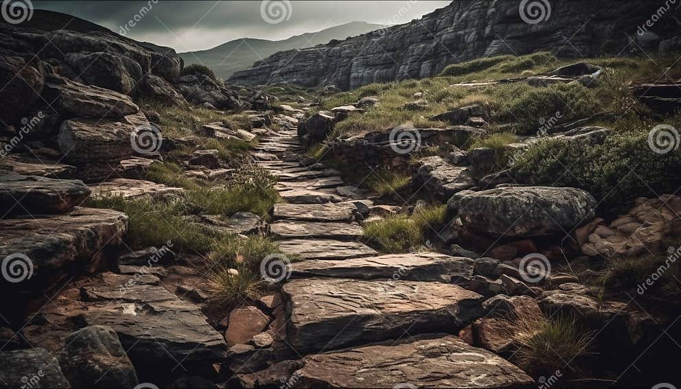 Tranquil Scene of Mountain Peak, Rock, and Grassy Footpath Generated by ...