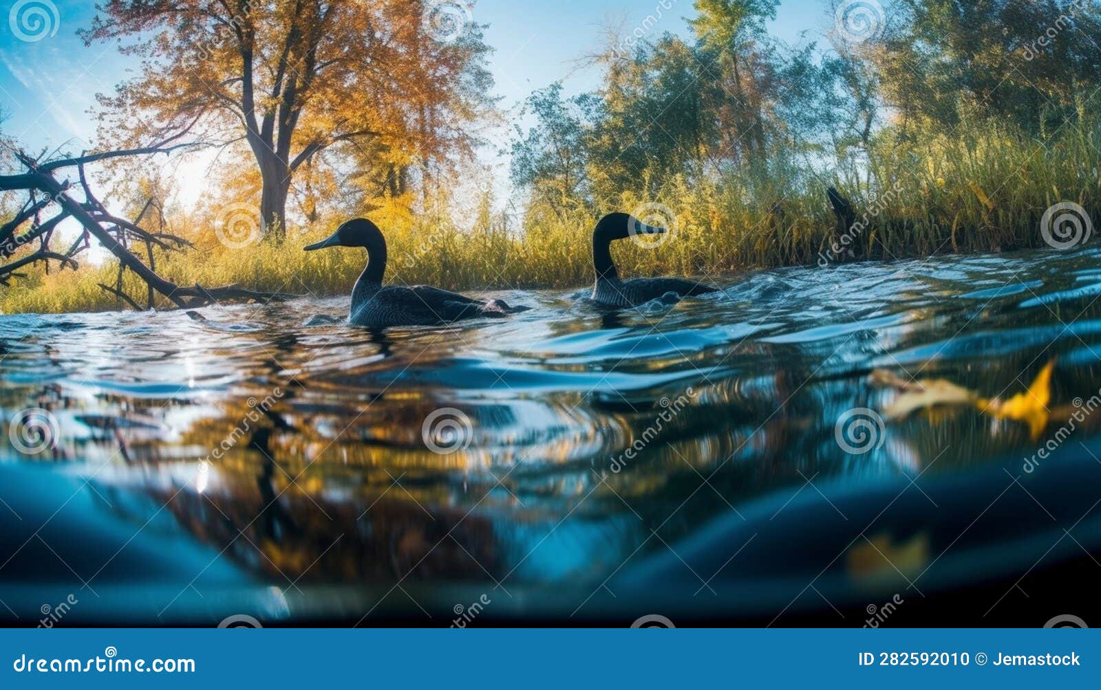 Tranquil Scene of Multi Colored Swans Paddling in Rippled Pond ...