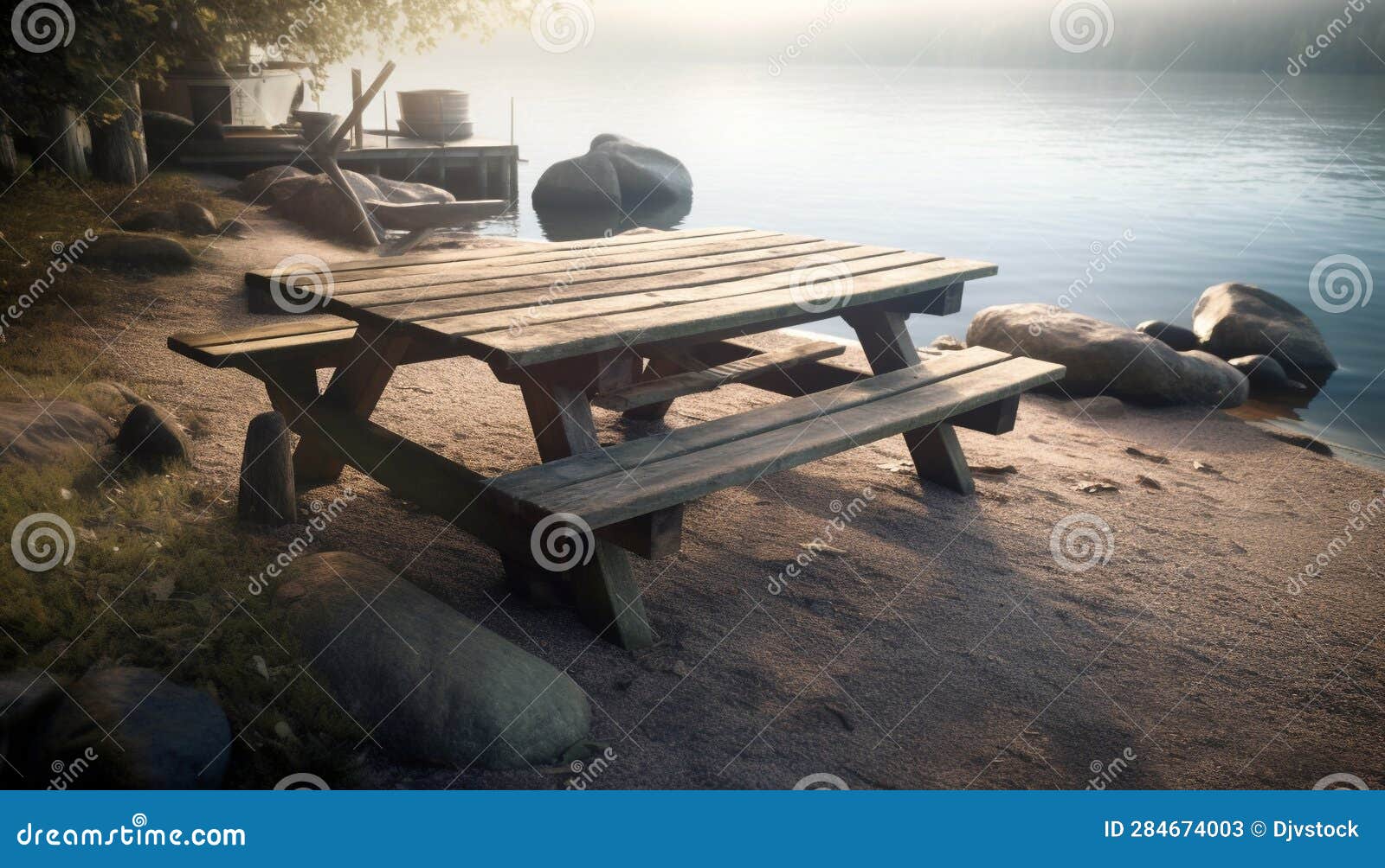 Tranquil Scene of Old Rustic Bench by Water in Forest Generated by AI ...