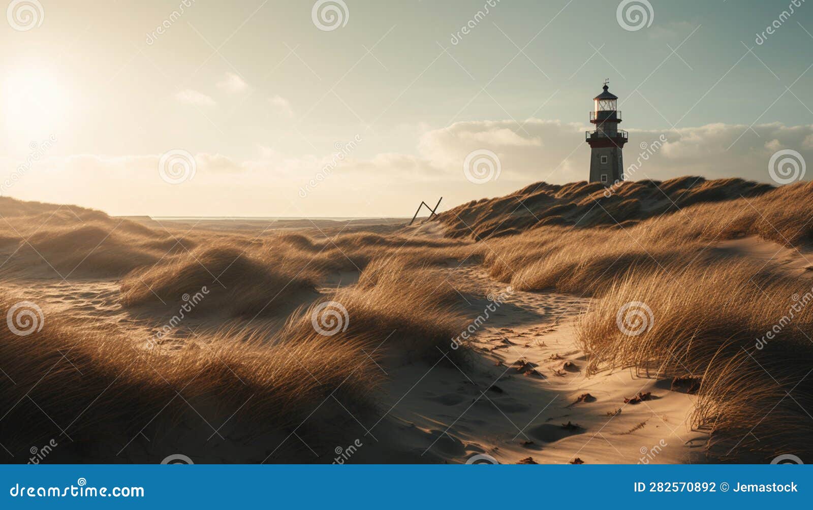 Tranquil Scene of Sand Dunes at Dusk, with Meadow and Grass Generated ...