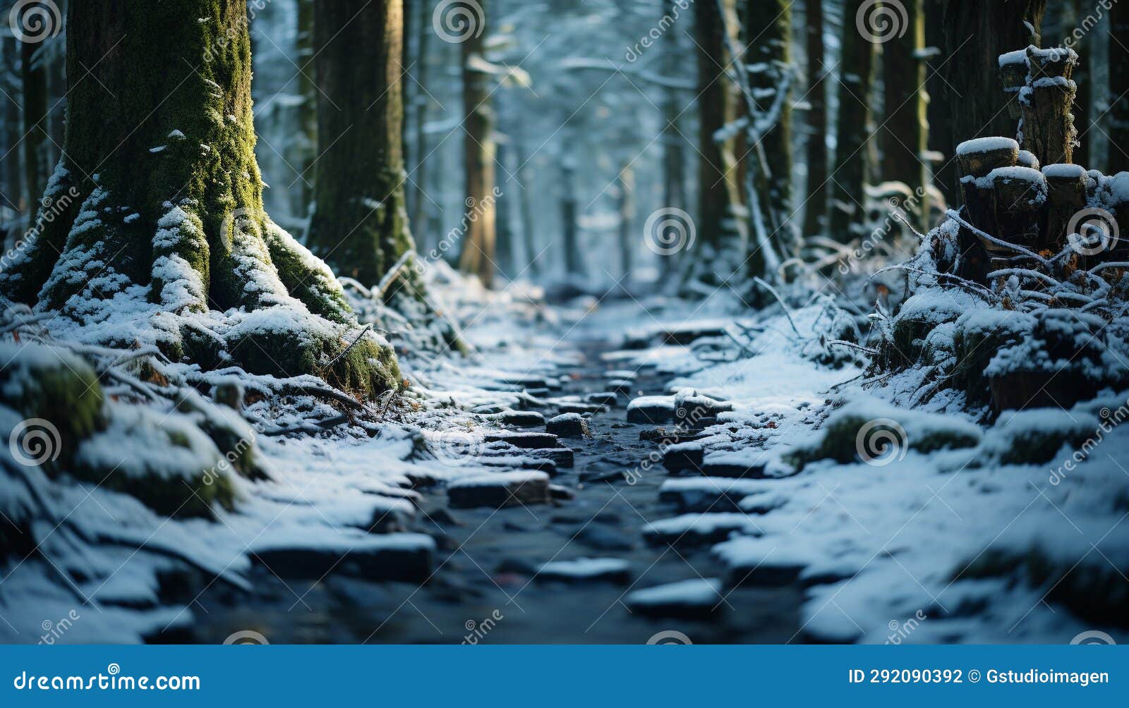 Tranquil Scene Snow Covered Footpath Winds through Frozen Forest ...
