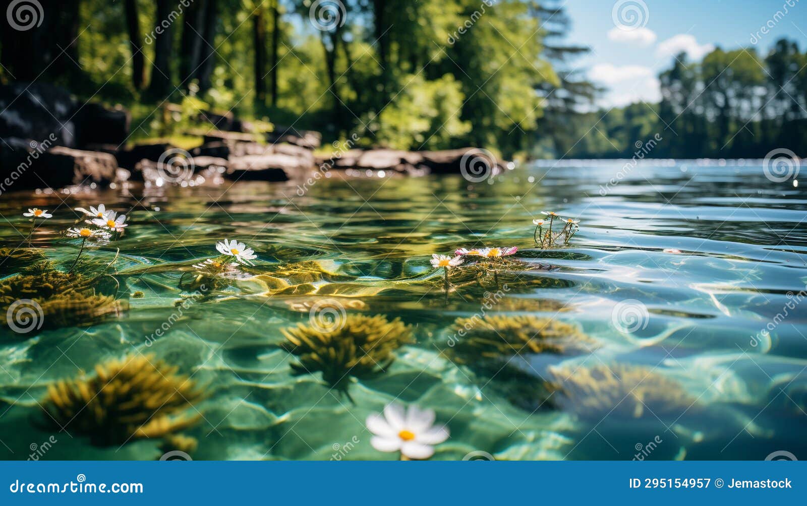 Tranquil Scene Summer Pond, Green Forest, Fish Swimming Underwater ...