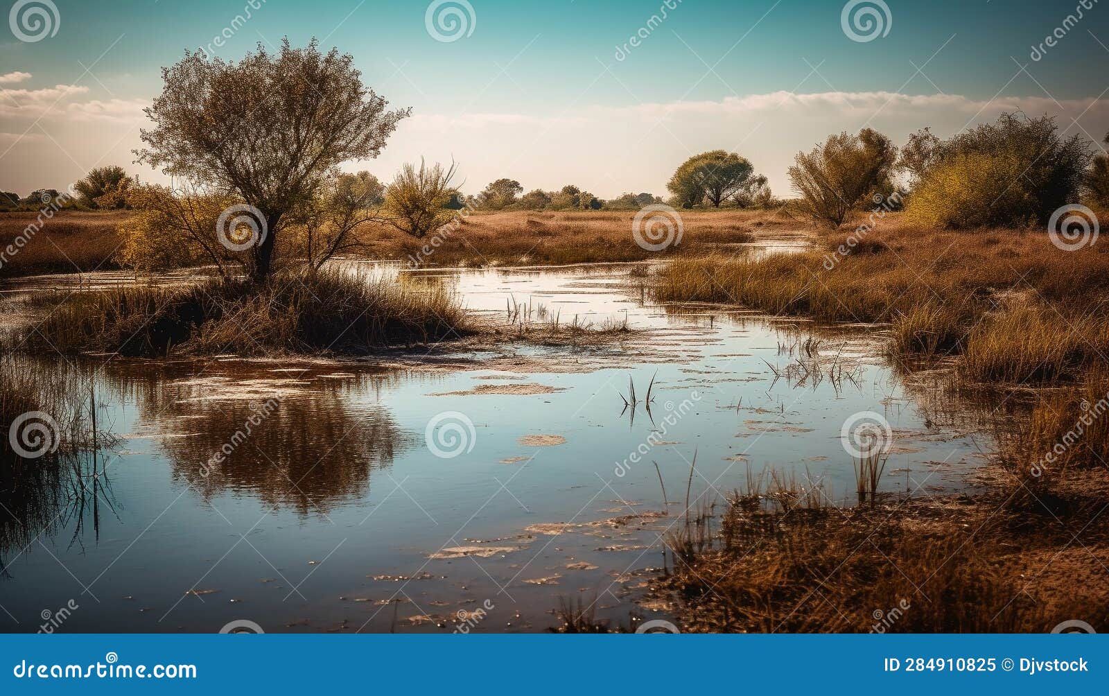 Tranquil Scene Sunset Reflects on Blue Water, Tree in Meadow Generated ...