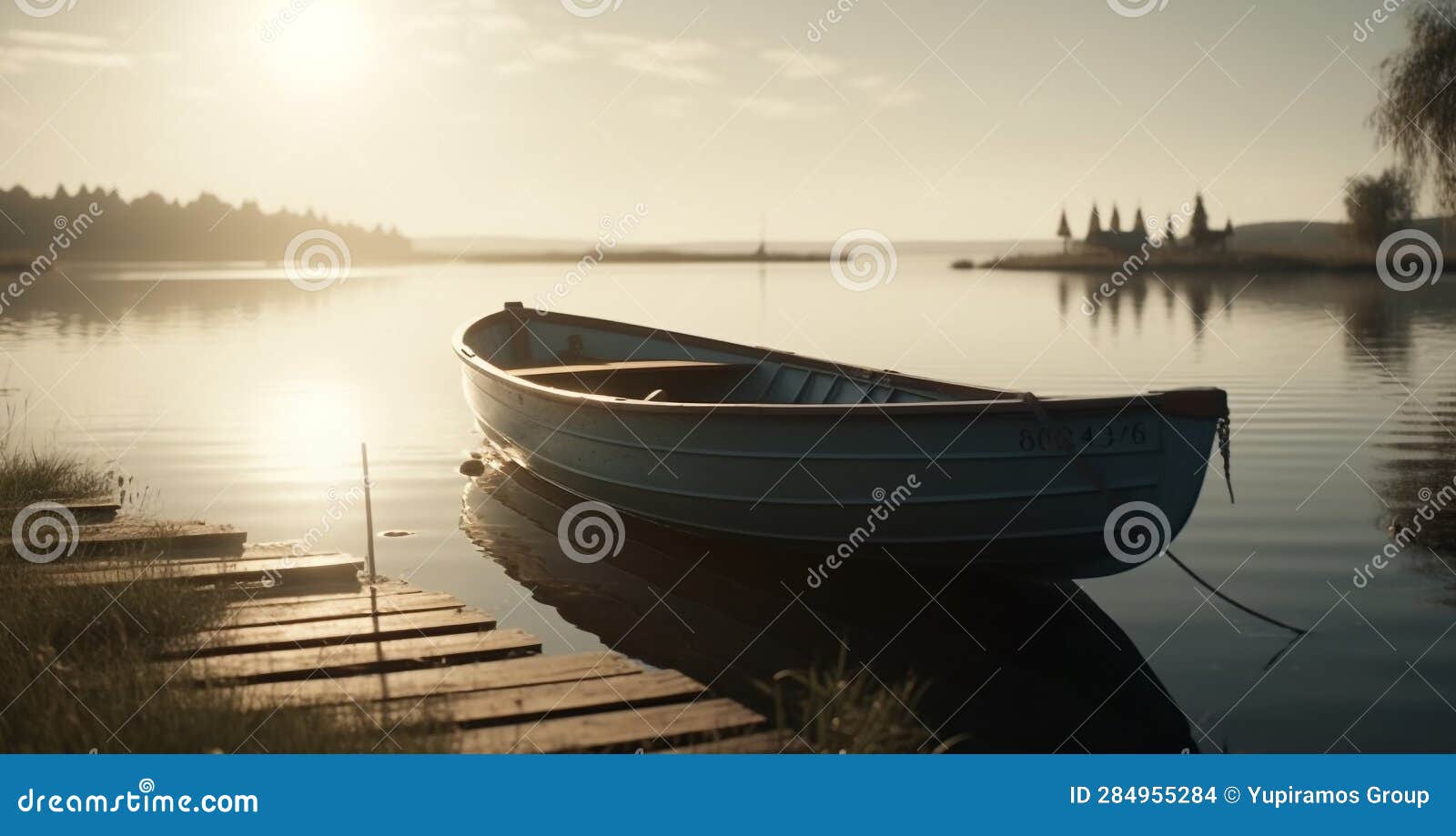 Tranquil Scene Sunset Reflects on Tranquil Pond, Old Rowboat Moored ...