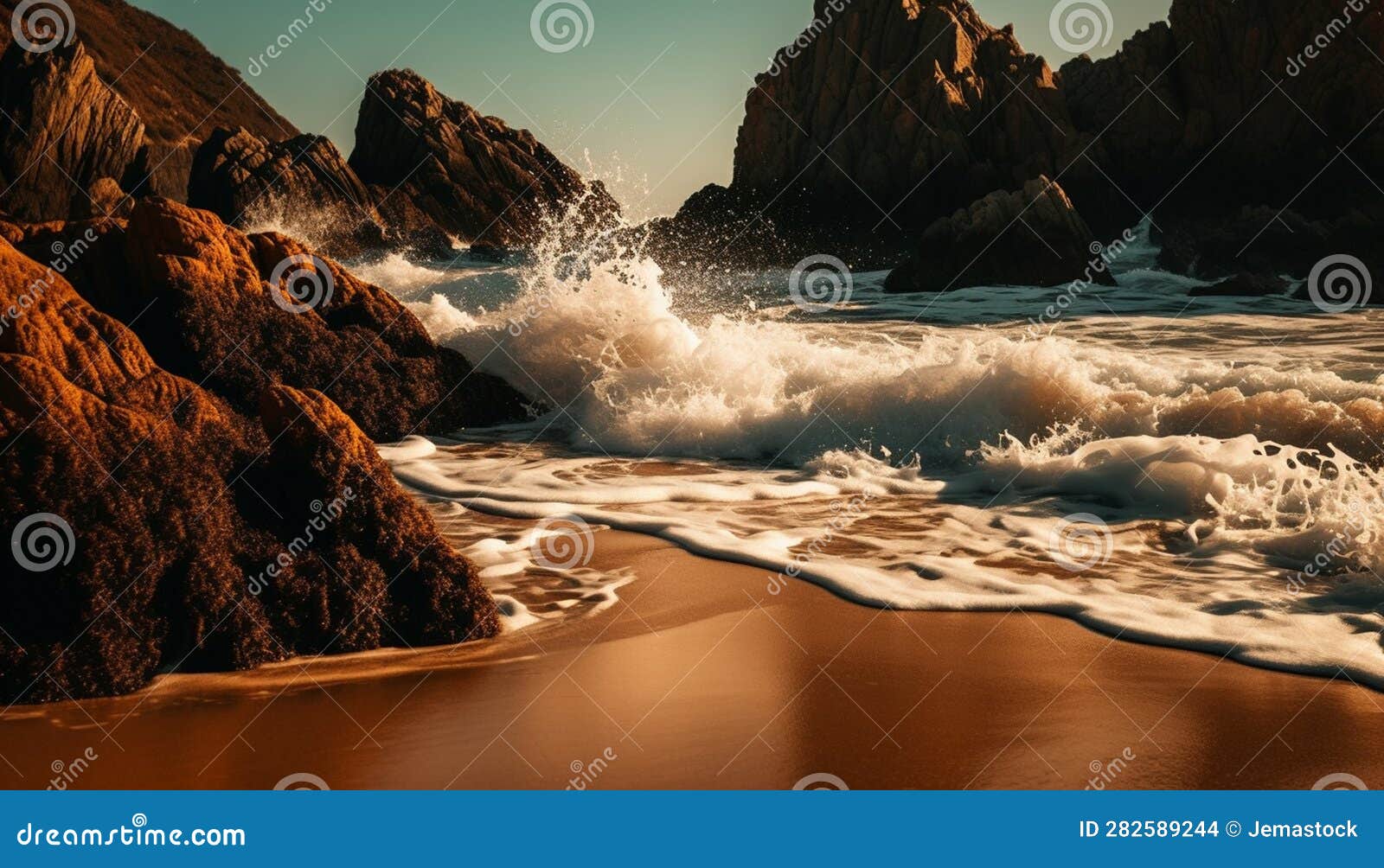 Tranquil Seascape at Dusk Waves Break on Rocky Coastline Generated by ...