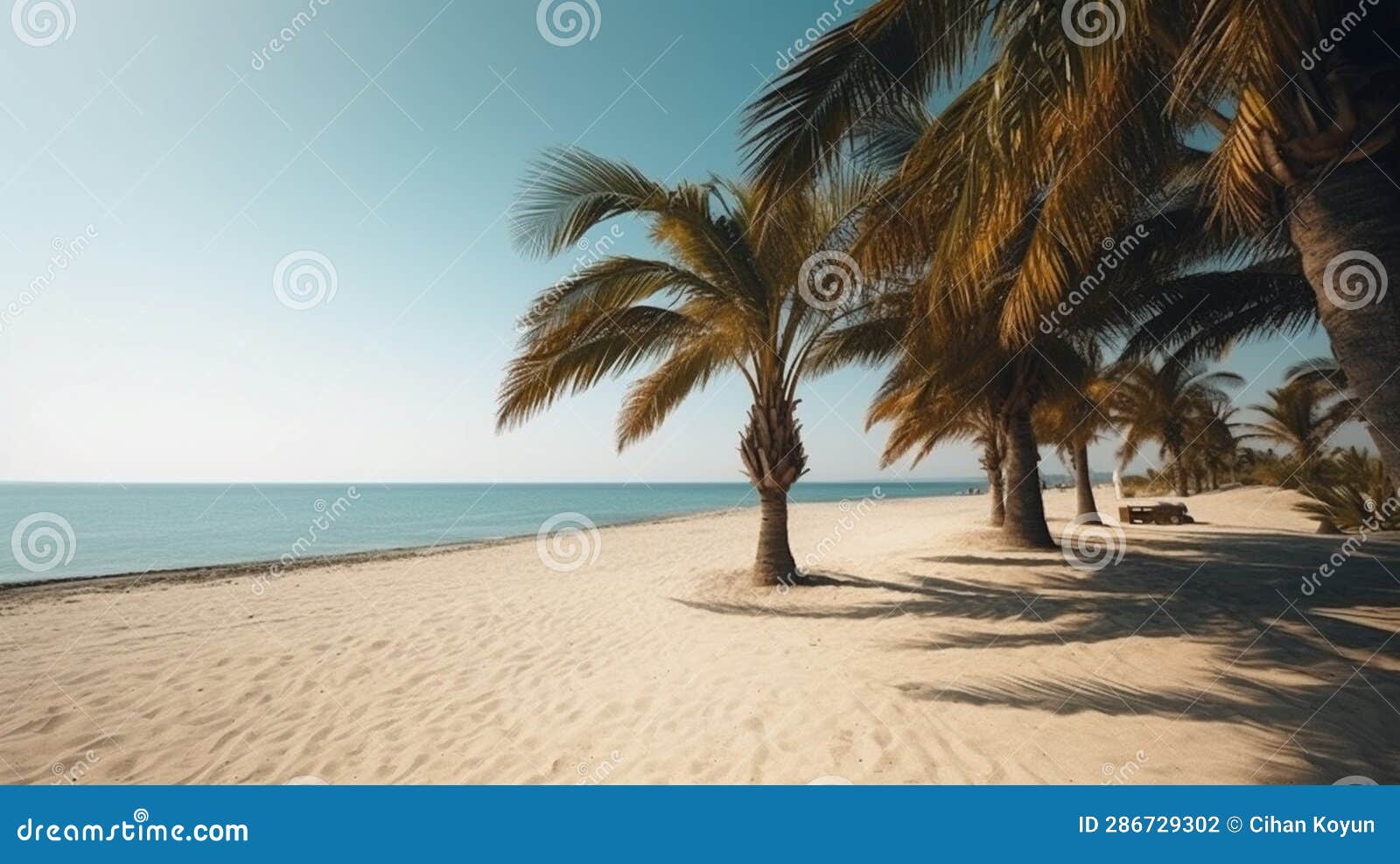 Tranquil Seaside View with Palm Trees Stock Illustration - Illustration ...