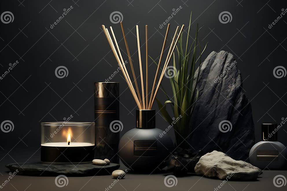 A Tranquil Spa Setting Featuring a Lit Candle and Reed Diffuser with ...
